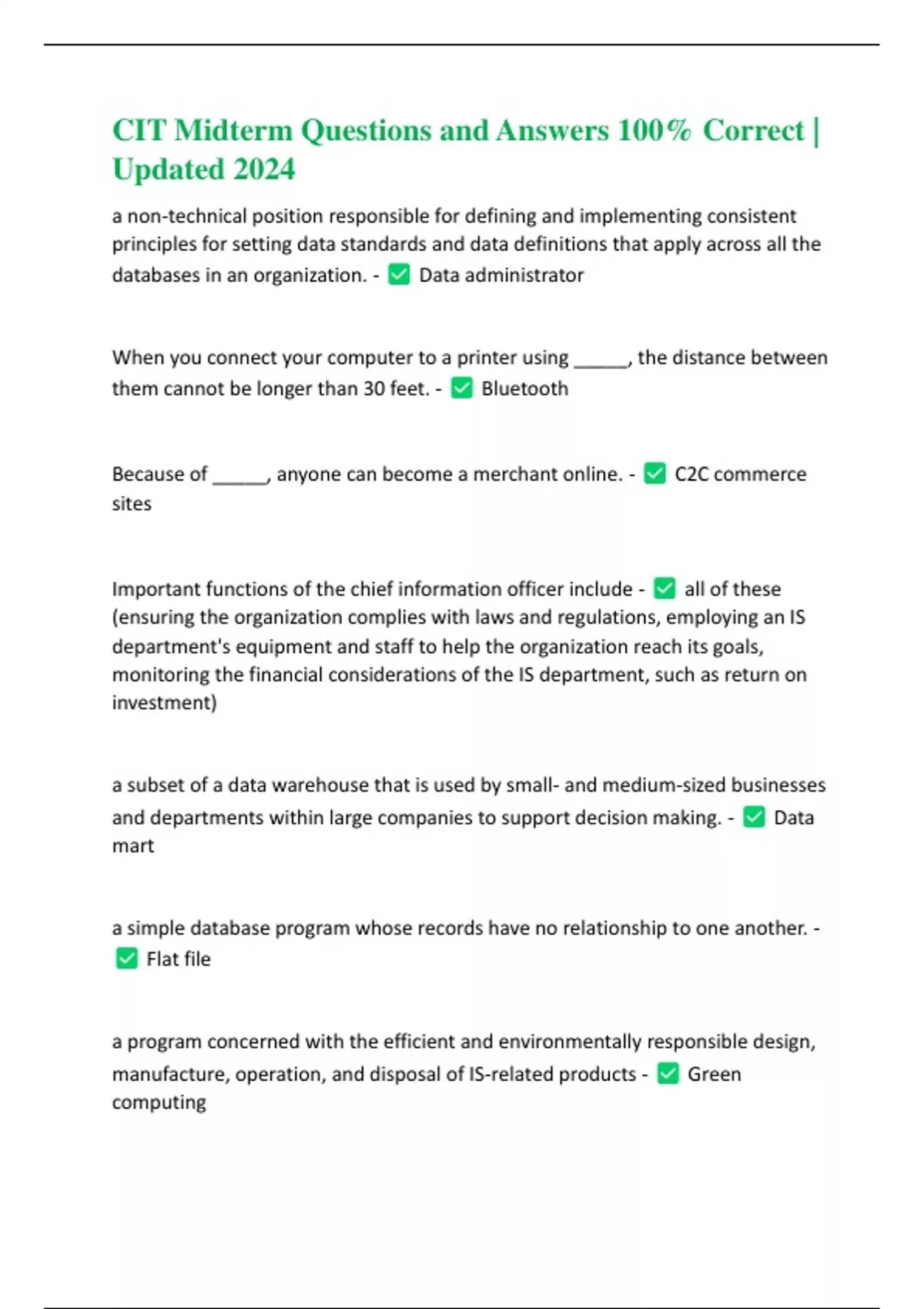 CIT Final Questions and Answers 100% Correct | Updated 2024 - CIT ...