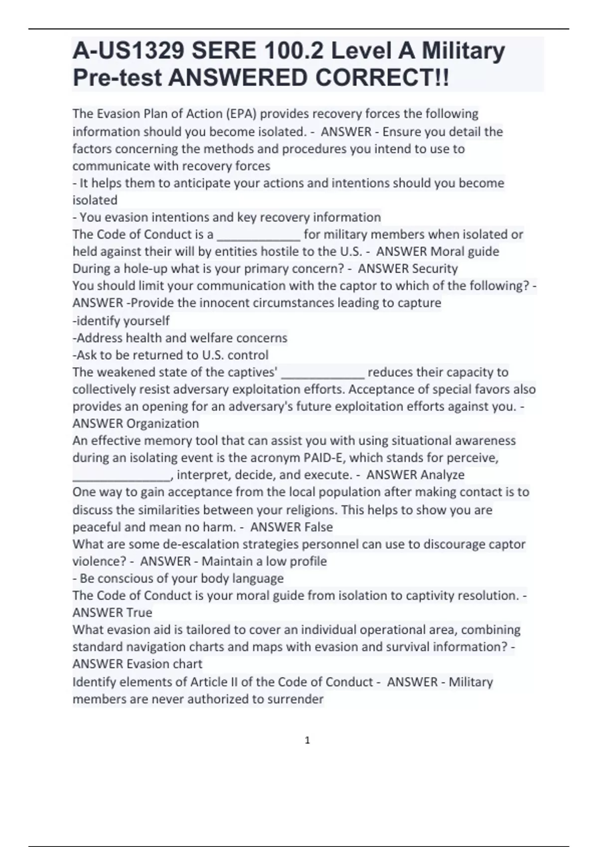 2024 A-US1329 SERE 100.2 Level A Military Pre-test ANSWERED CORRECT ...