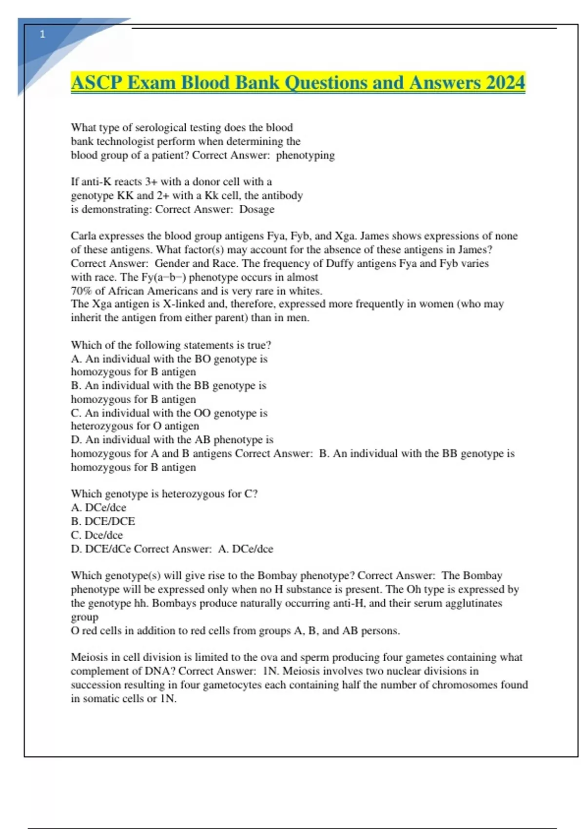 ASCP Exam Blood Bank Questions and Answers 2024. - ASCP - Stuvia US