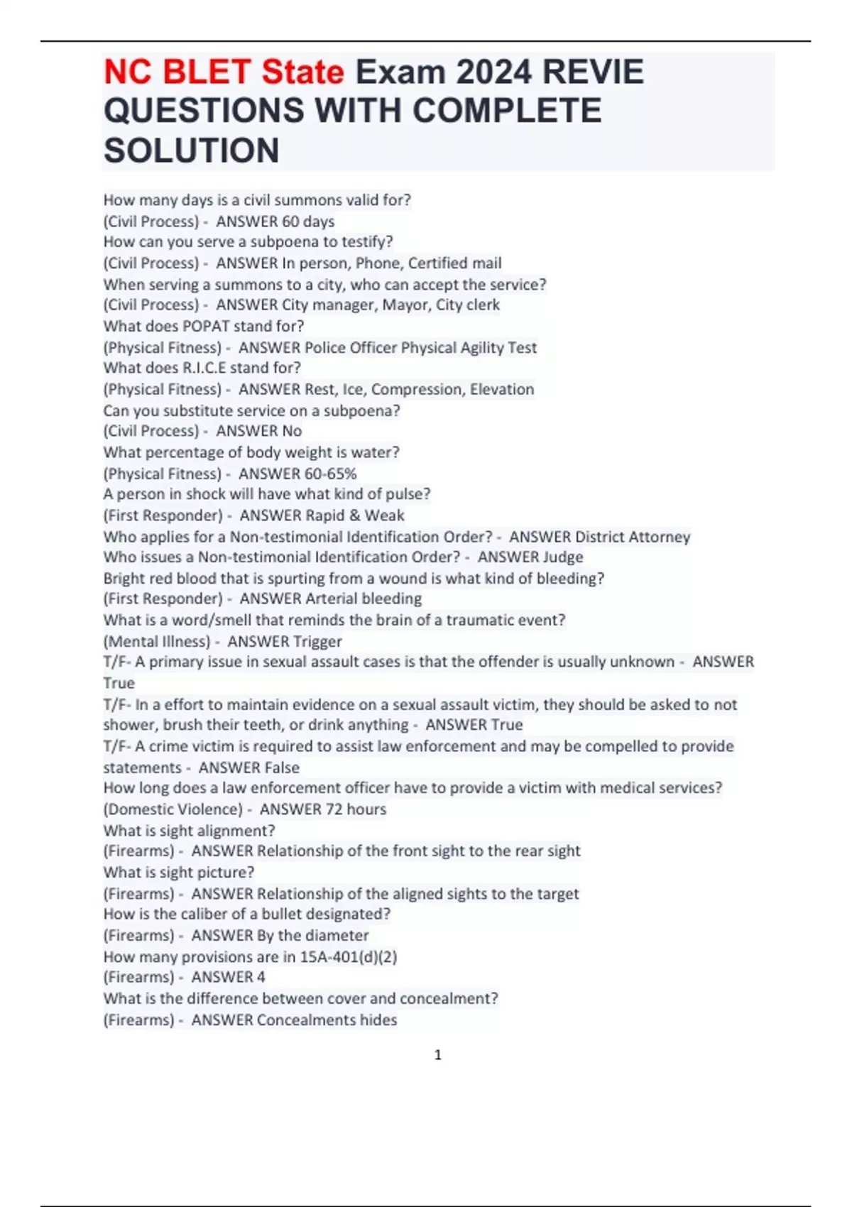 NC 22024 BLET State Exam 2024 REVIEW QUESTIONS WITH COMPLETE SOLUTION ...