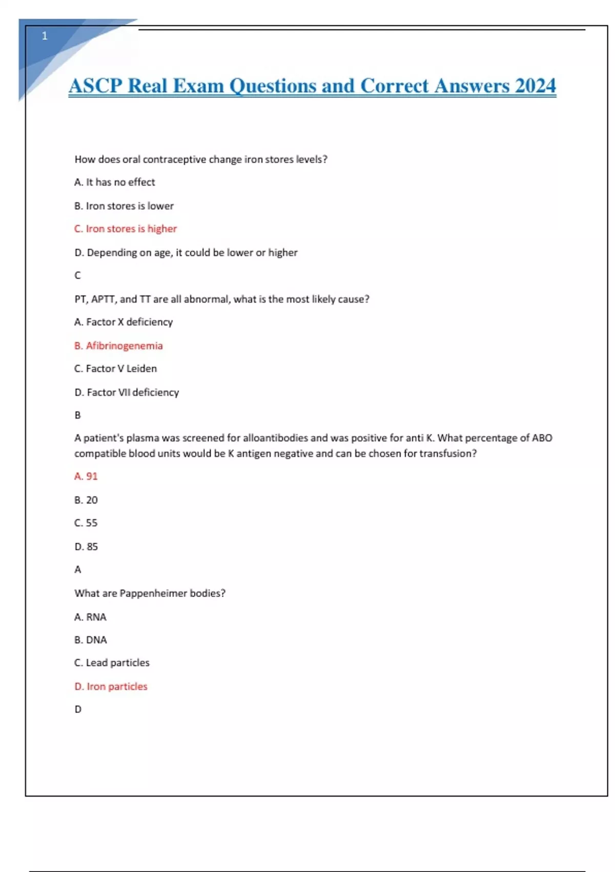 ASCP Real Exam Questions and Correct Answers 2024. - ASCP - Stuvia US