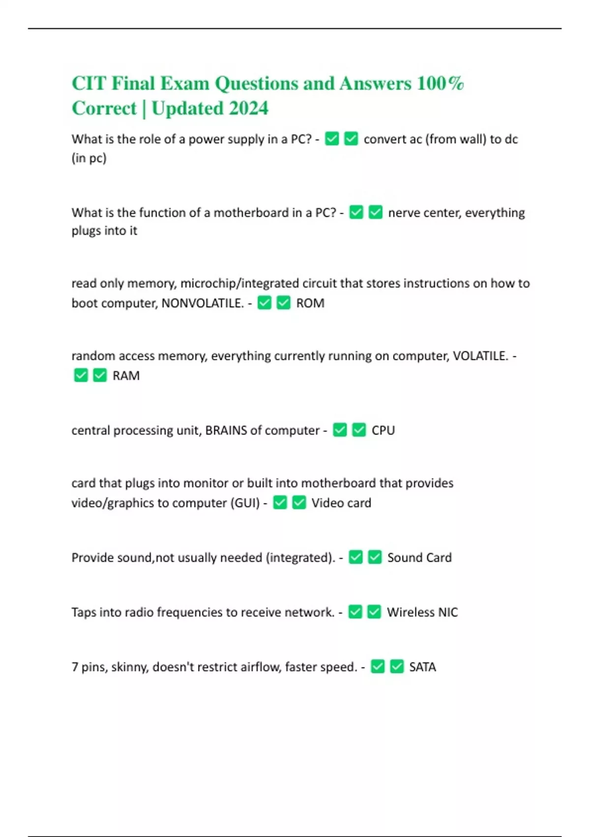 CIT Exam 3 Questions and Answers 100% Correct | Updated 2024 - CIT - Stuvia US