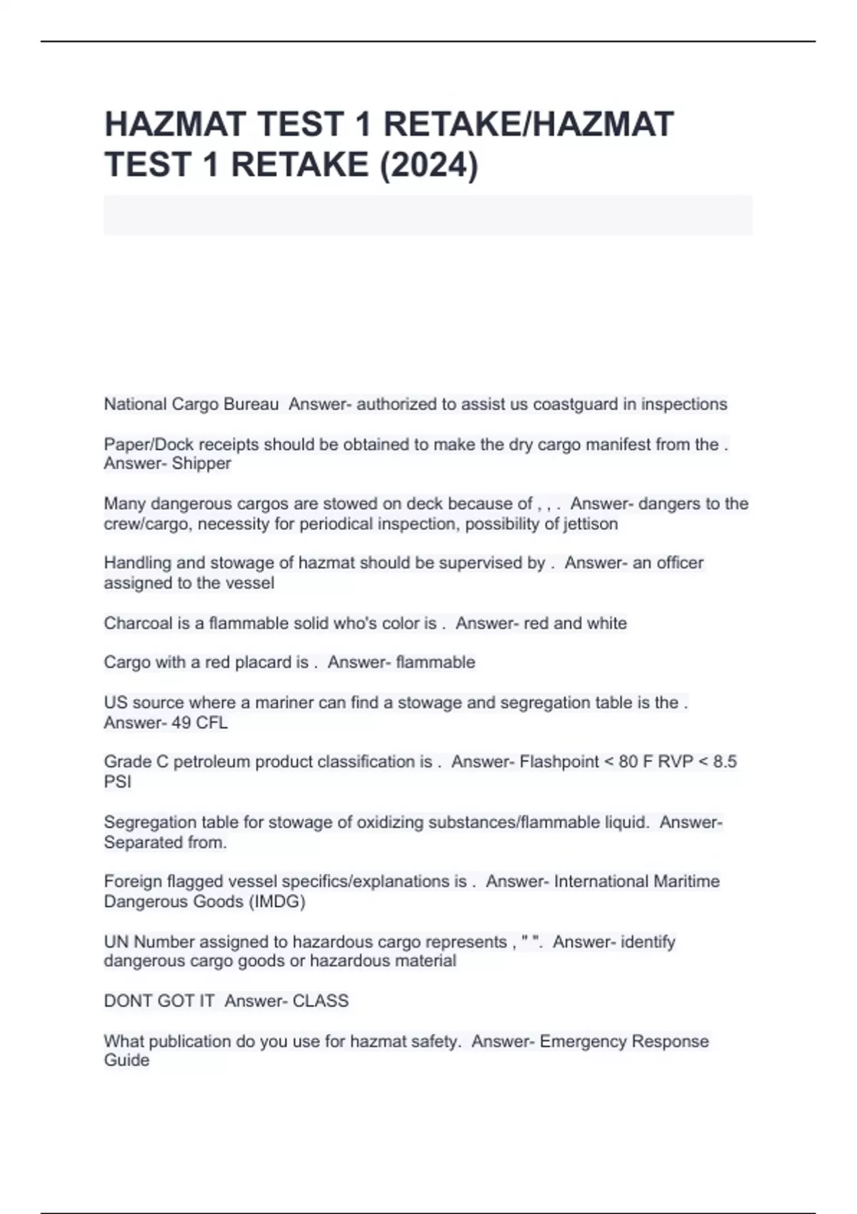 HAZMAT TEST 1 RETAKE/HAZMAT TEST 1 RETAKE (2024) - Hazmat - Stuvia US