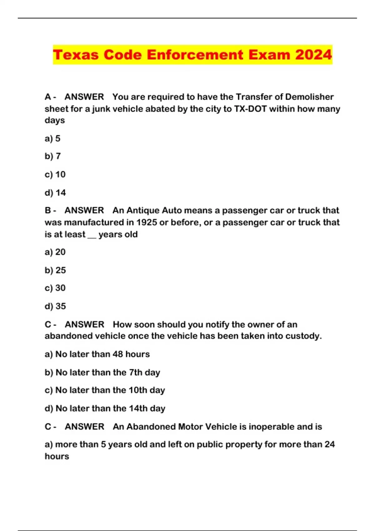 Texas Code Enforcement Exam 2024 - Texas Code Enforcement - Stuvia US
