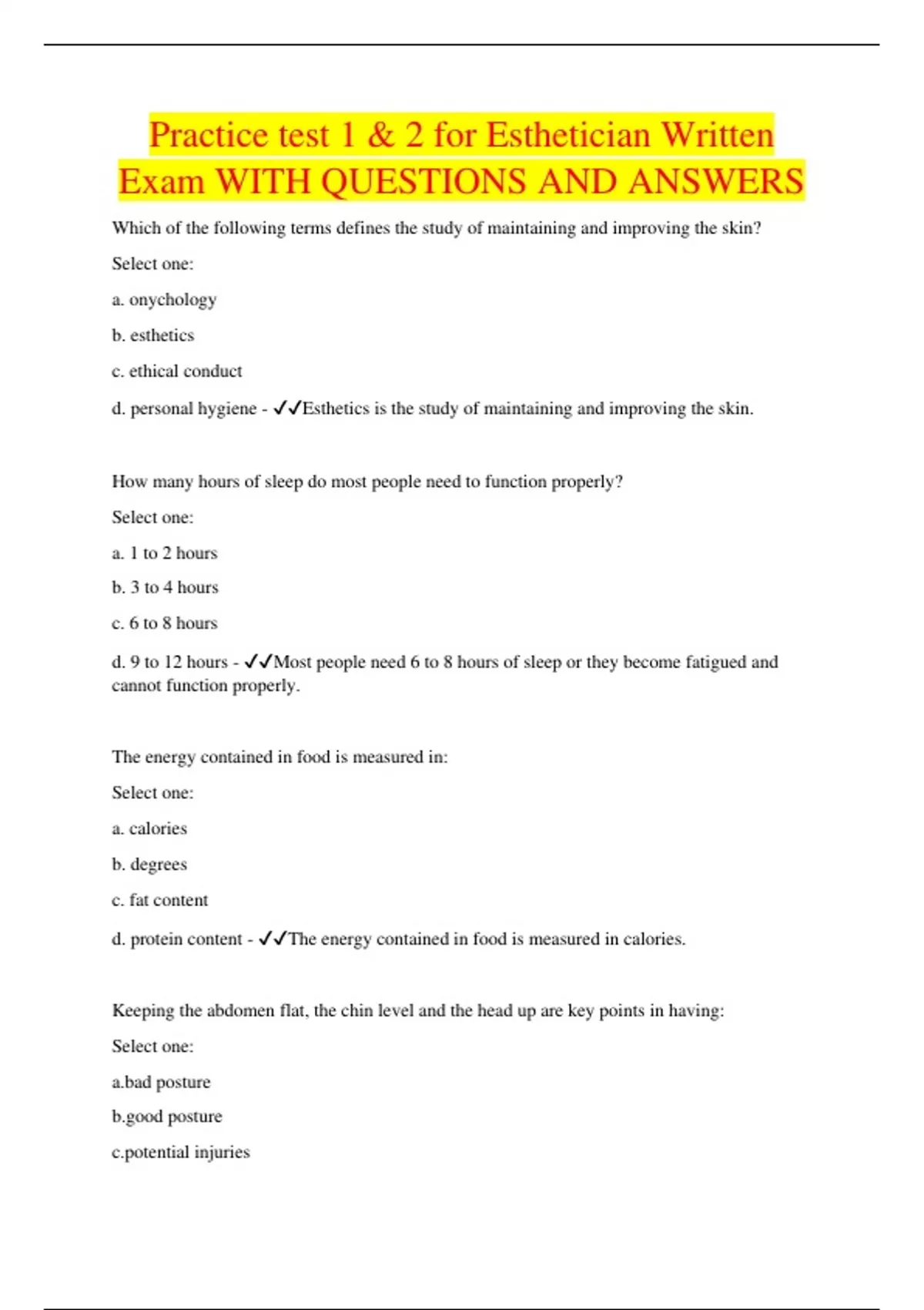 Practice test 1 & 2 for Esthetician Written Exam WITH QUESTIONS AND ...