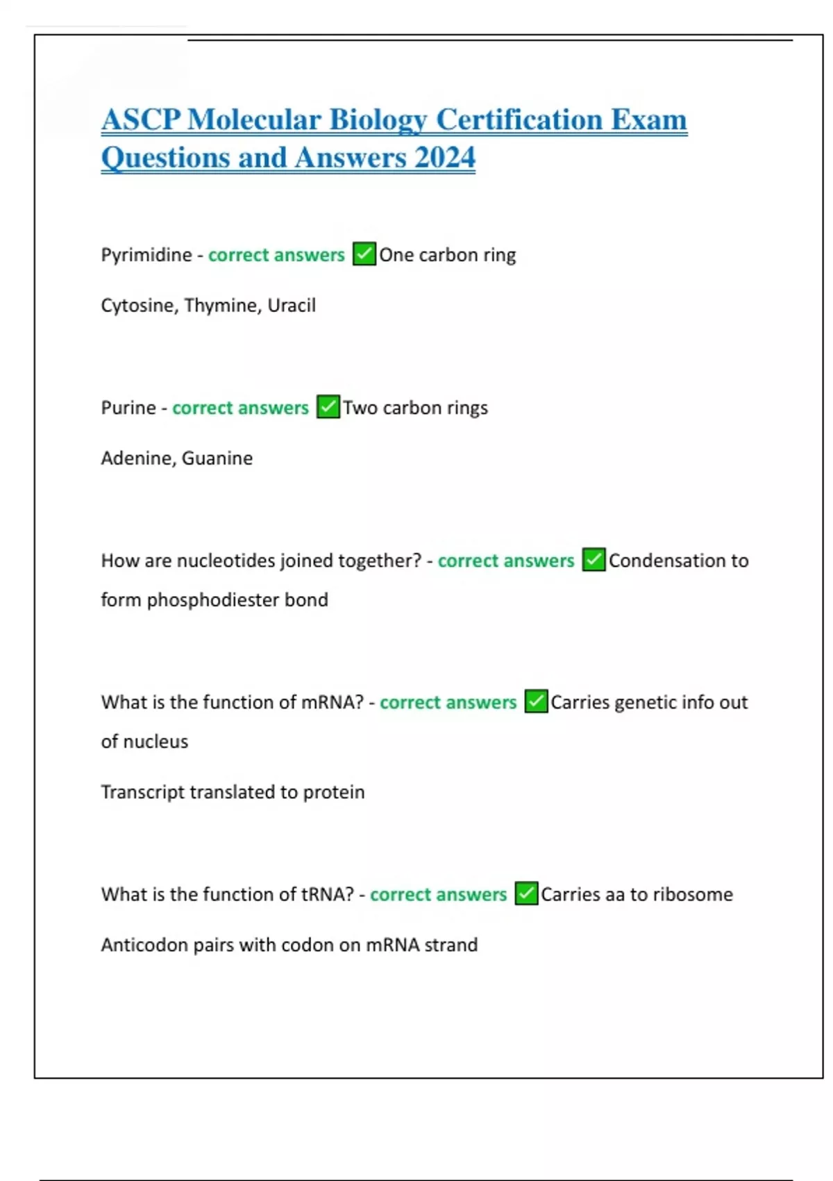 ASCP Molecular Biology Certification Exam Questions and Answers 2024 ...