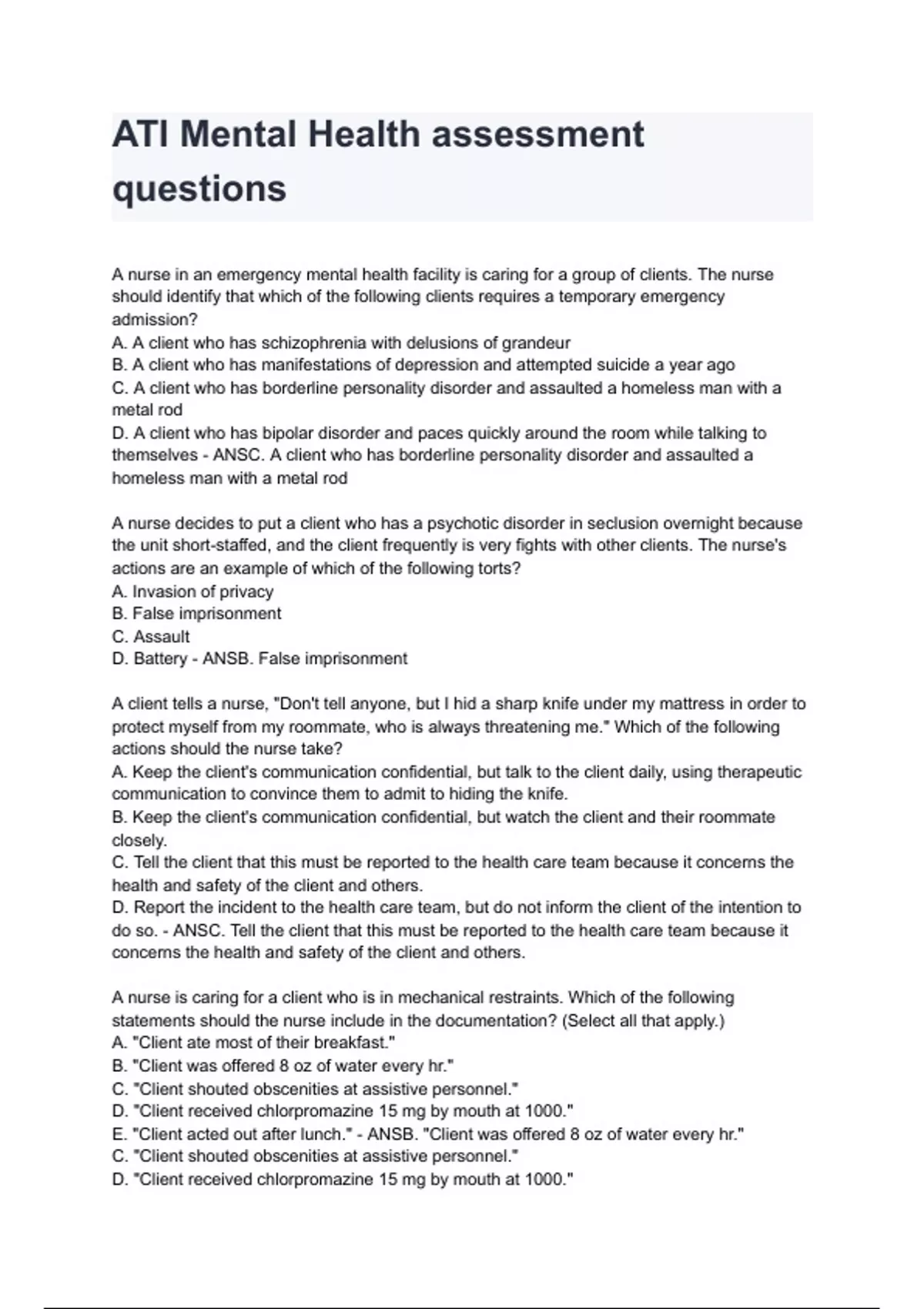 ATI Mental Health assessment questions 2024/2025 graded A+ - Capstone ...