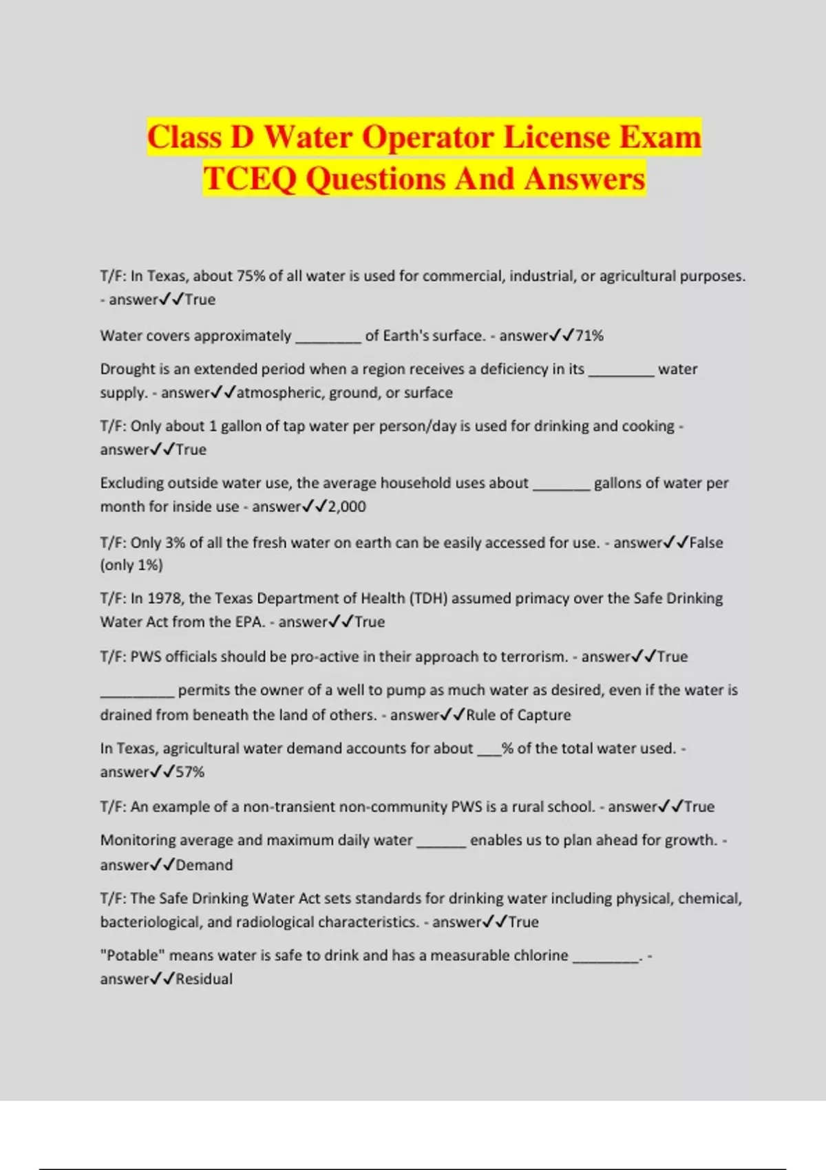 Class D Water Operator License Exam TCEQ Questions And Answers - Tceq ...