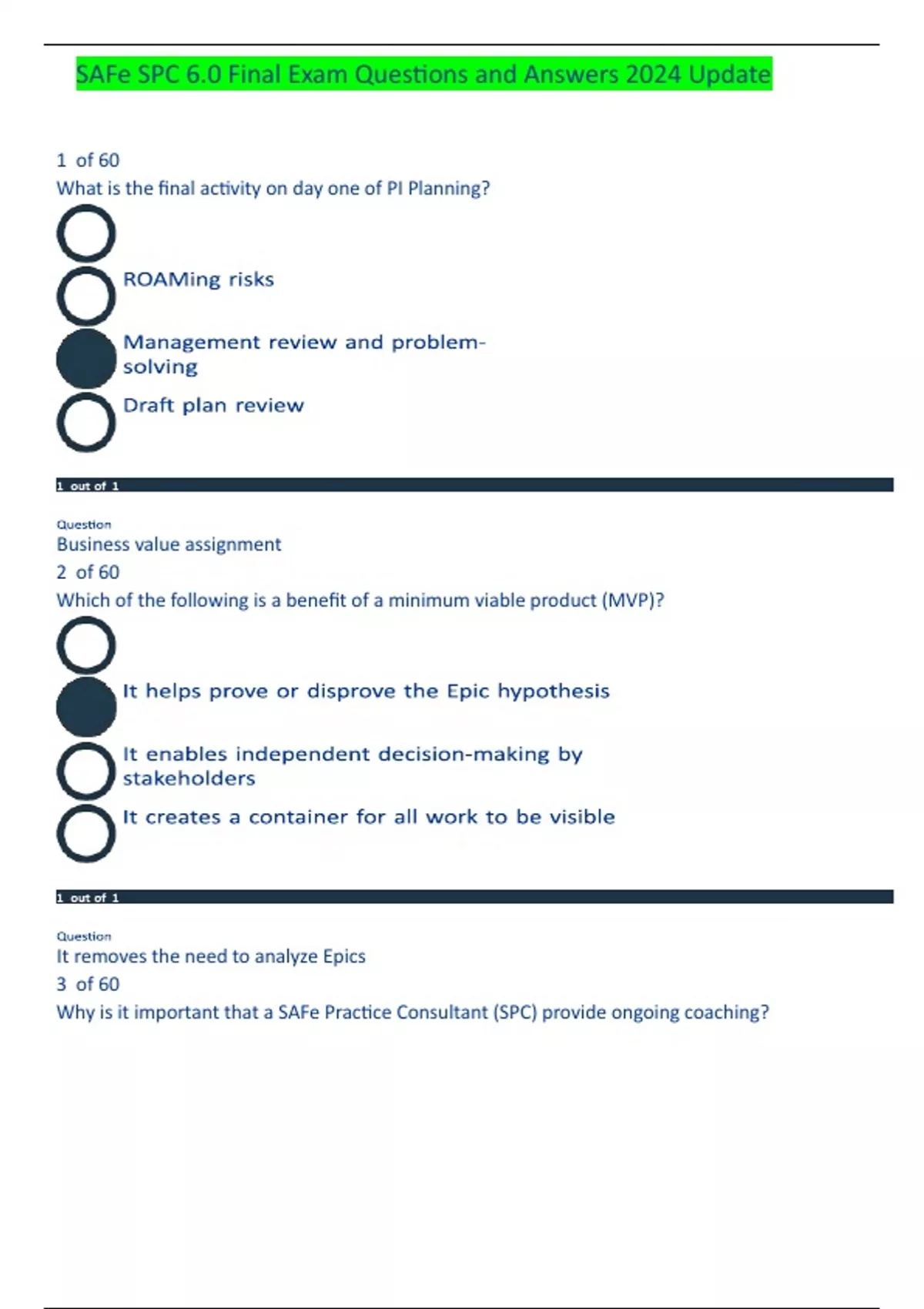 SAFe SPC 6.0 Final Exam Questions and Answers 2024 Update - Advance ...