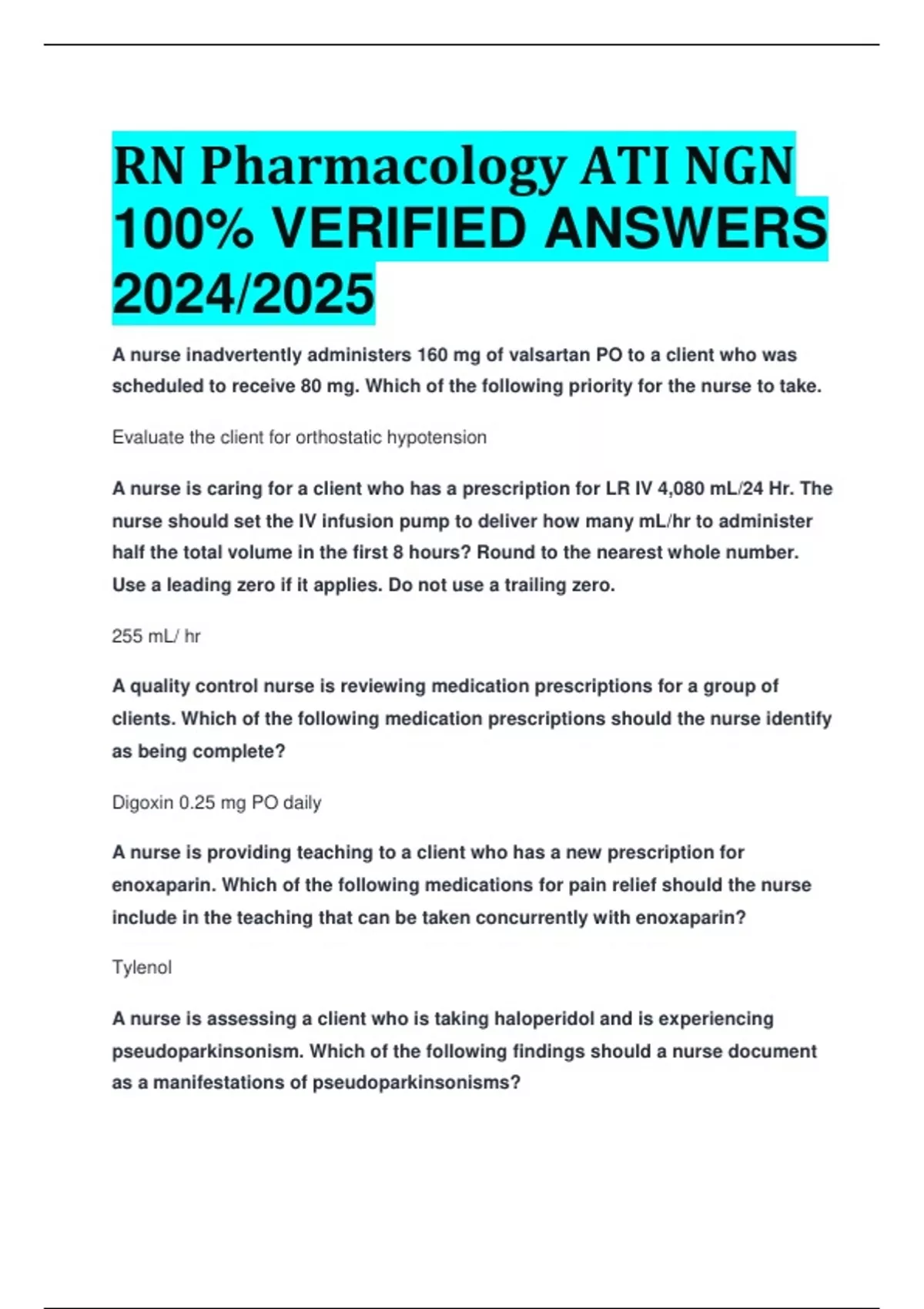 RN Pharmacology ATI NGN 100% VERIFIED ANSWERS 2024/2025 - RN ...