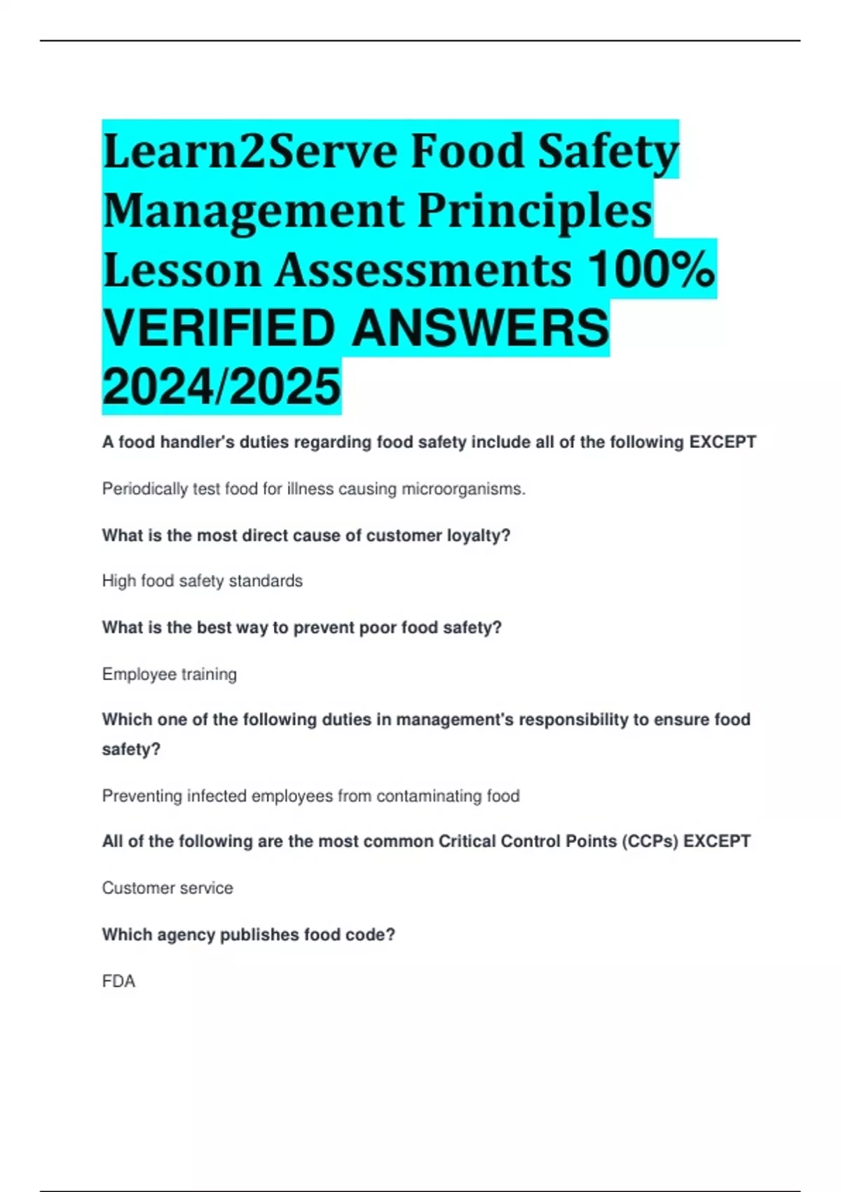 Learn2Serve Food Safety Management Principles Lesson Assessments 100% ...