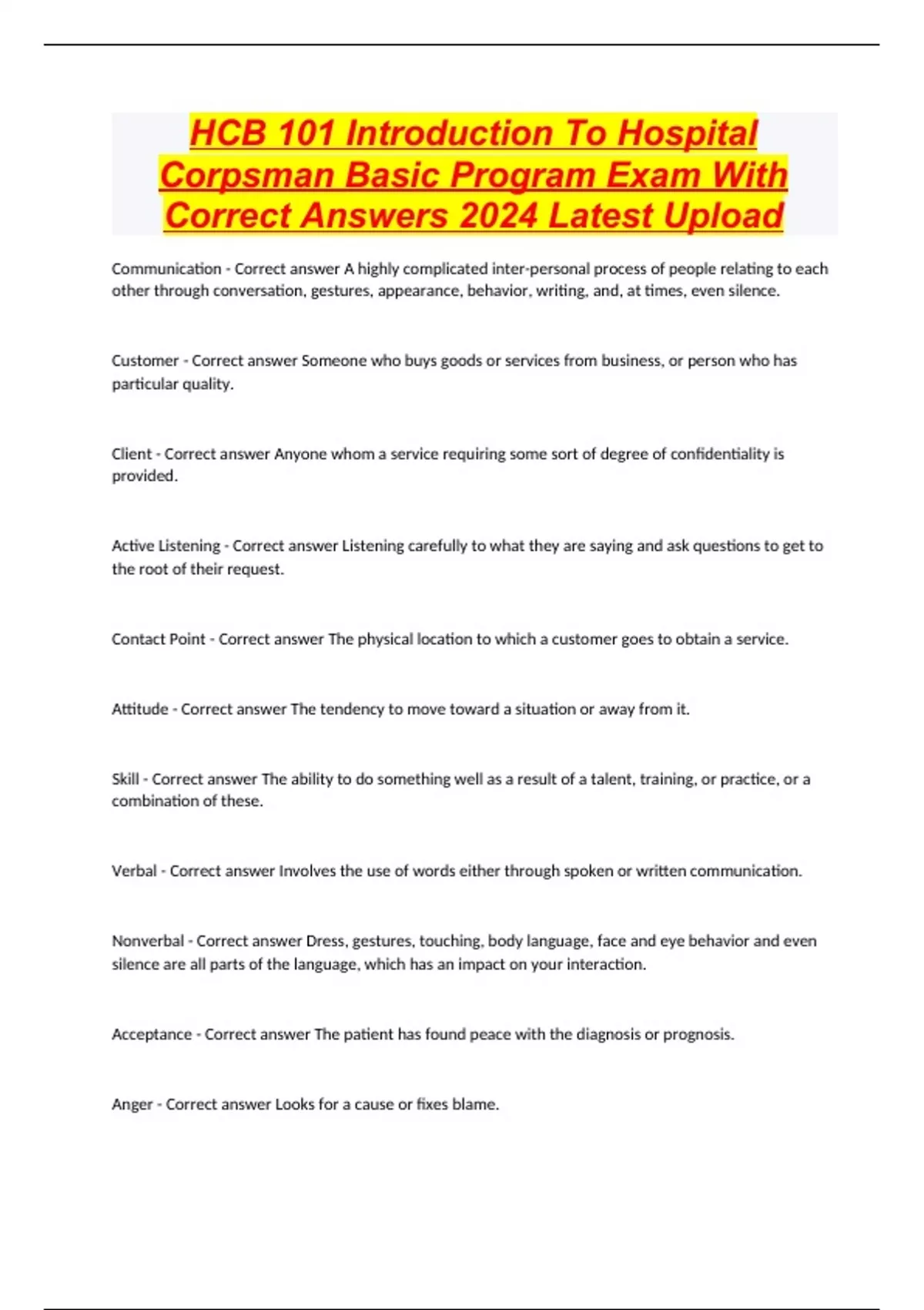 HCB 101 Introduction To Hospital Corpsman Basic Program Exam With ...