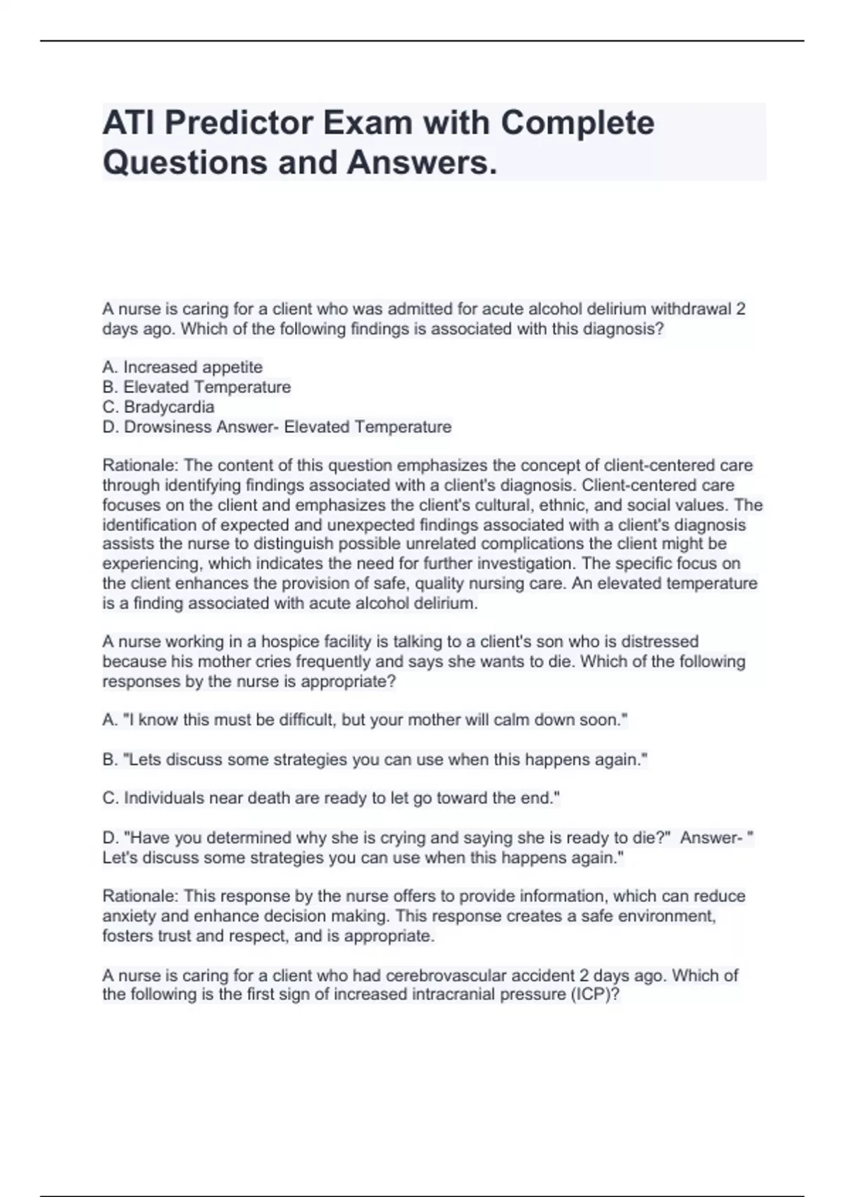 ATI Predictor Exam with Complete Questions and Answers - ATI ...