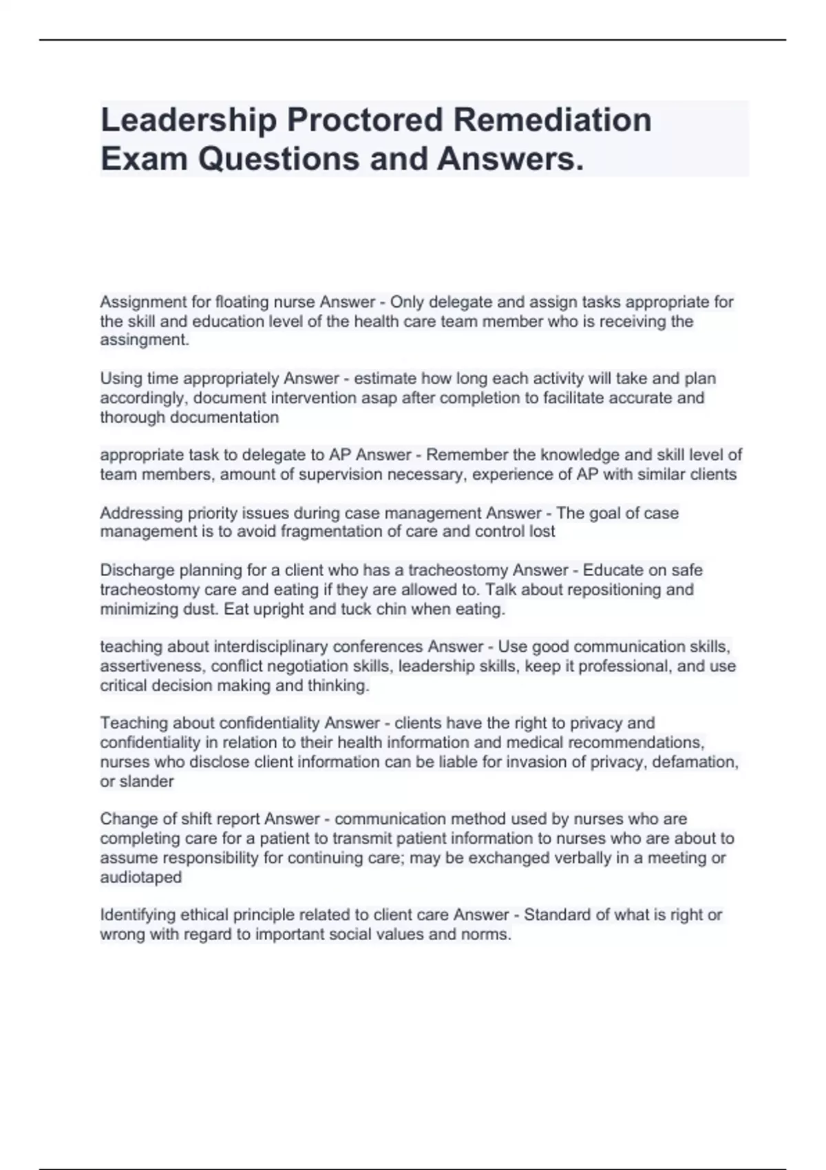 Leadership Proctored Remediation Exam Questions and Answers - ATI LEADERSHIP - Stuvia US