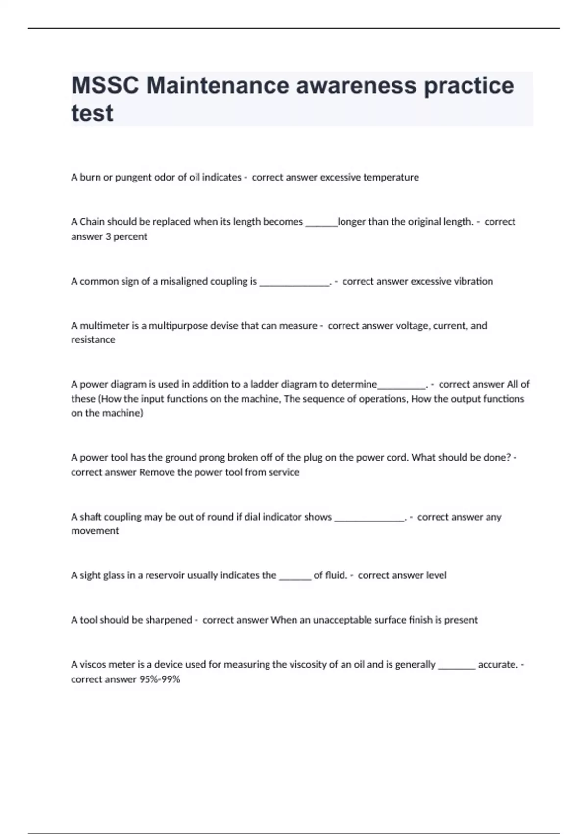 MSSC Maintenance awareness practice test Question and answers 100% ...
