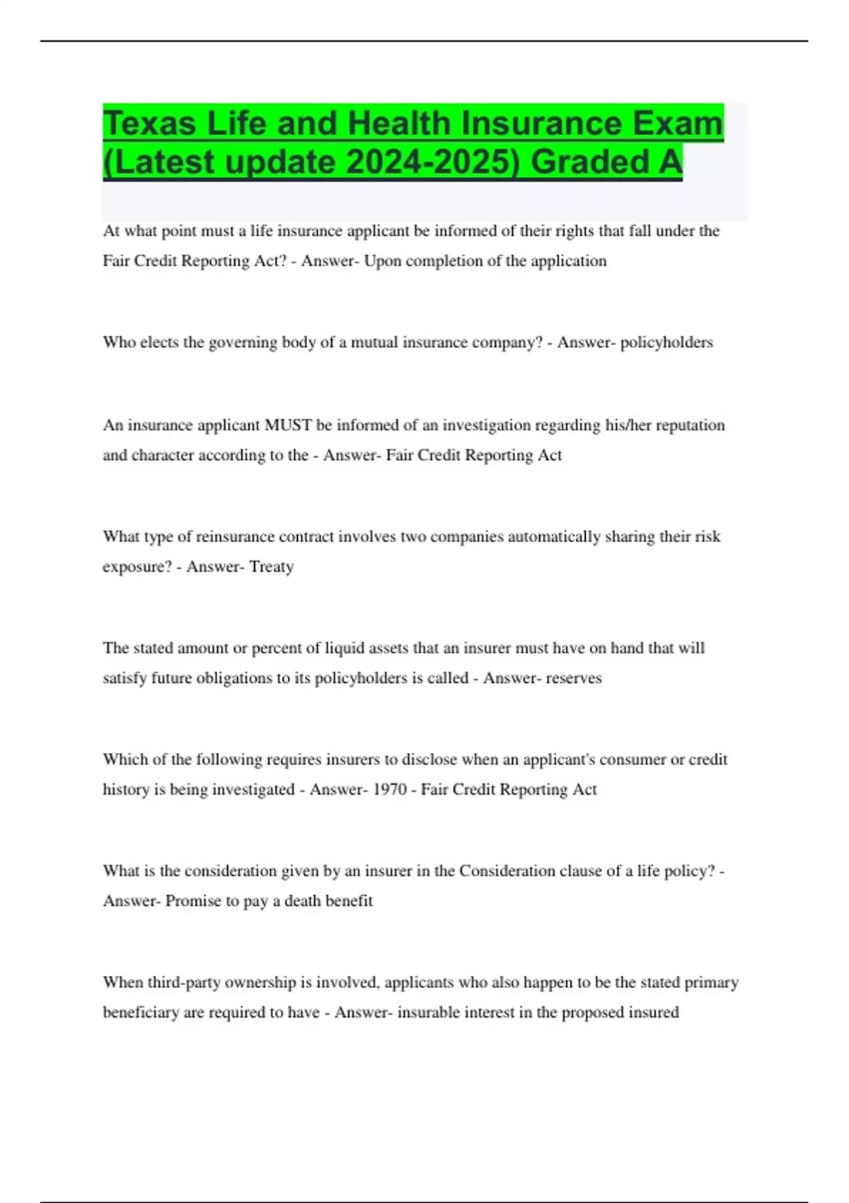 Texas Life and Health Insurance Exam (Latest update ) Graded A - Texas ...