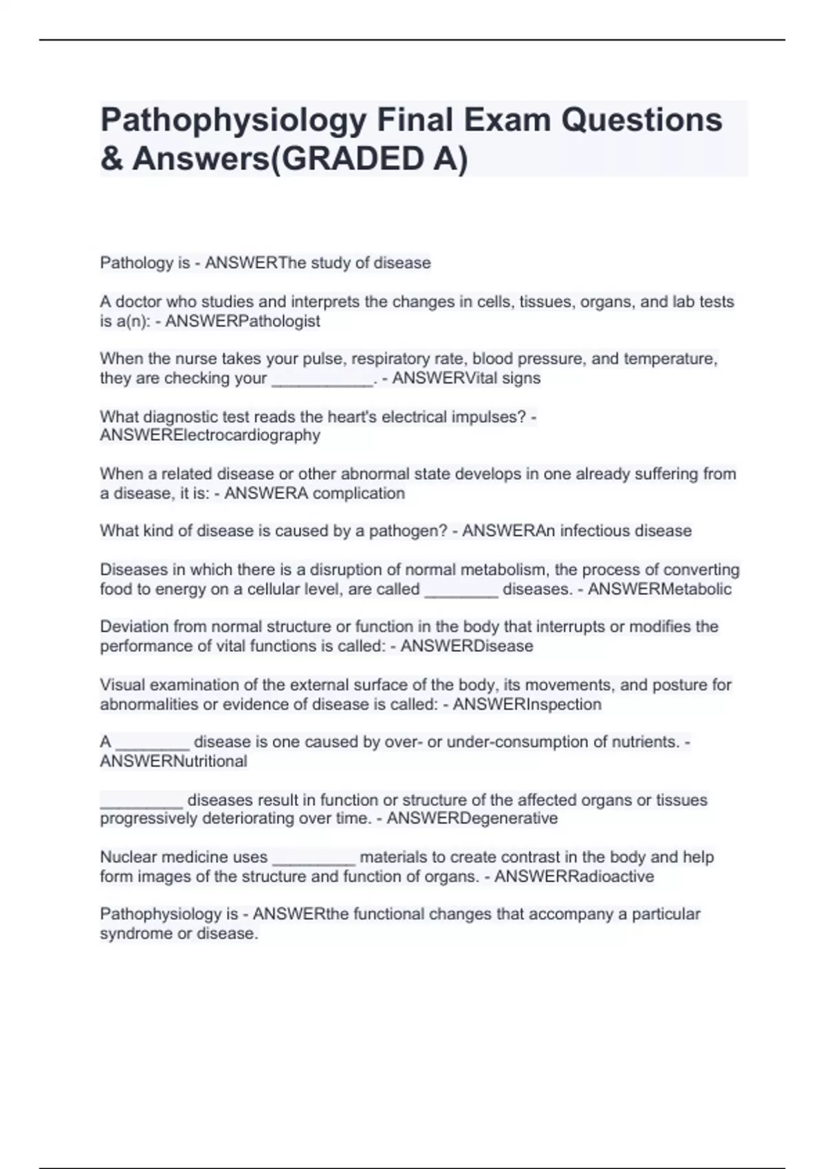 Pathophysiology Final Exam Questions & Answers(GRADED A ...