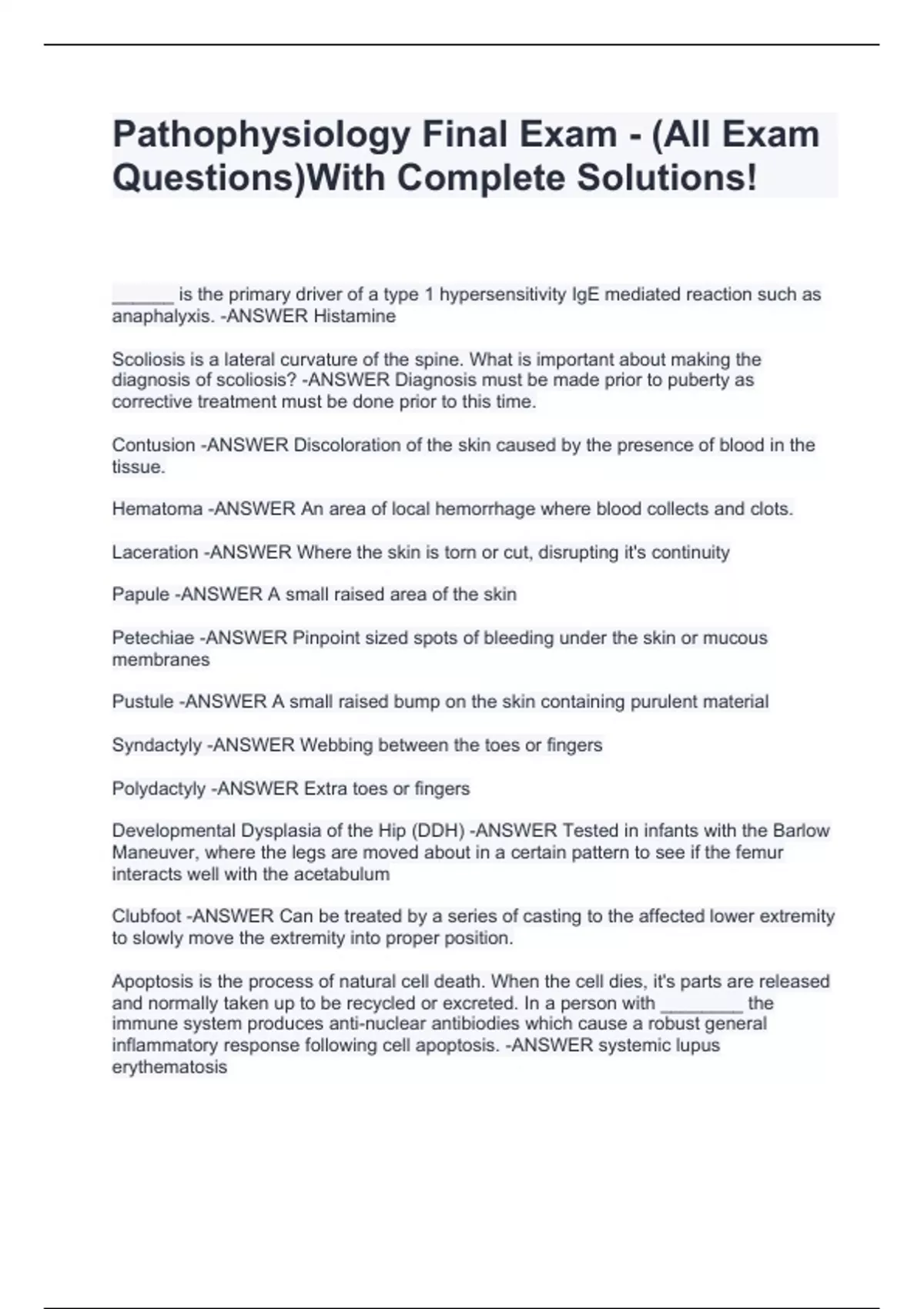 Pathophysiology Final Exam - (All Exam Questions)With Complete ...