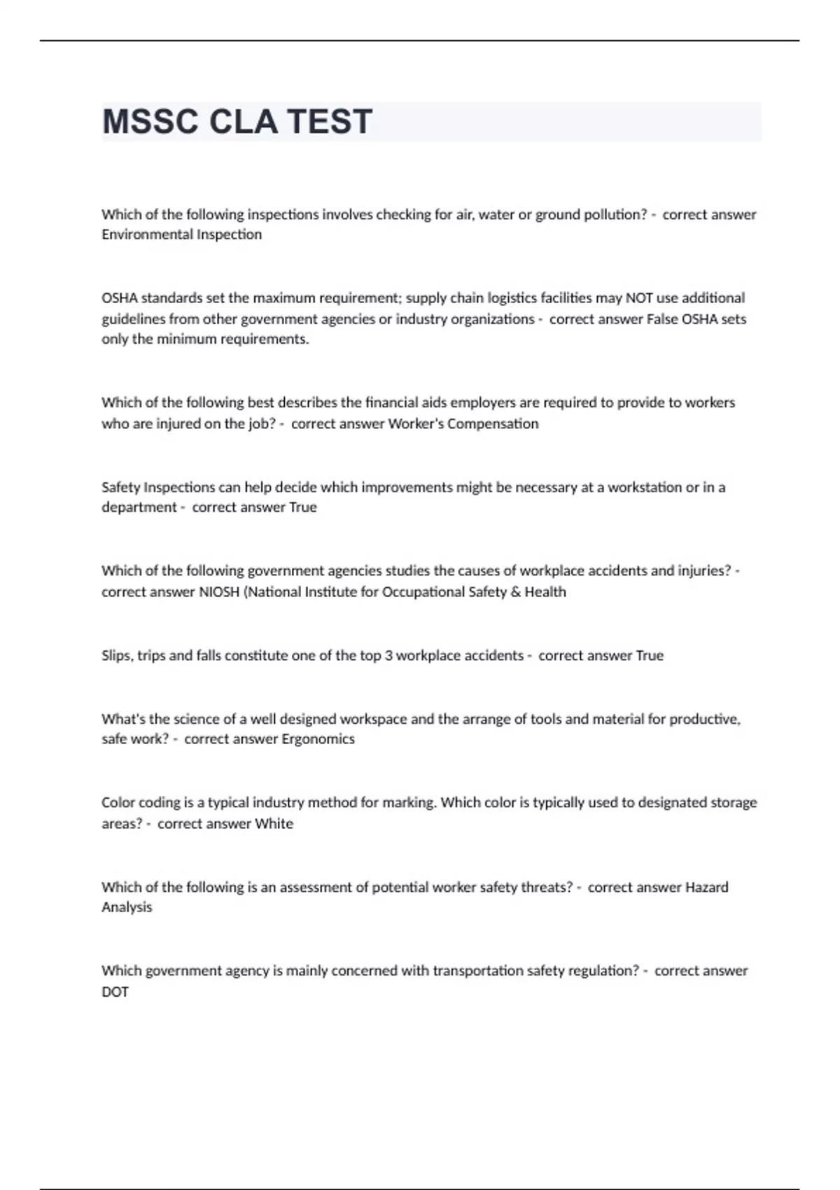 MSSC CLA TEST Question and answers 100% correct 2024 - MSSC CLT - Stuvia US