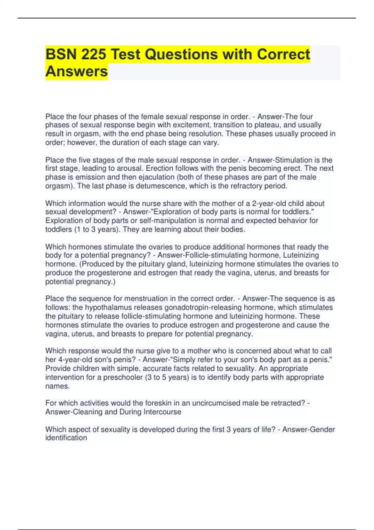 BSN 225 Test Questions with Correct Answers - BSN 225 - Stuvia US