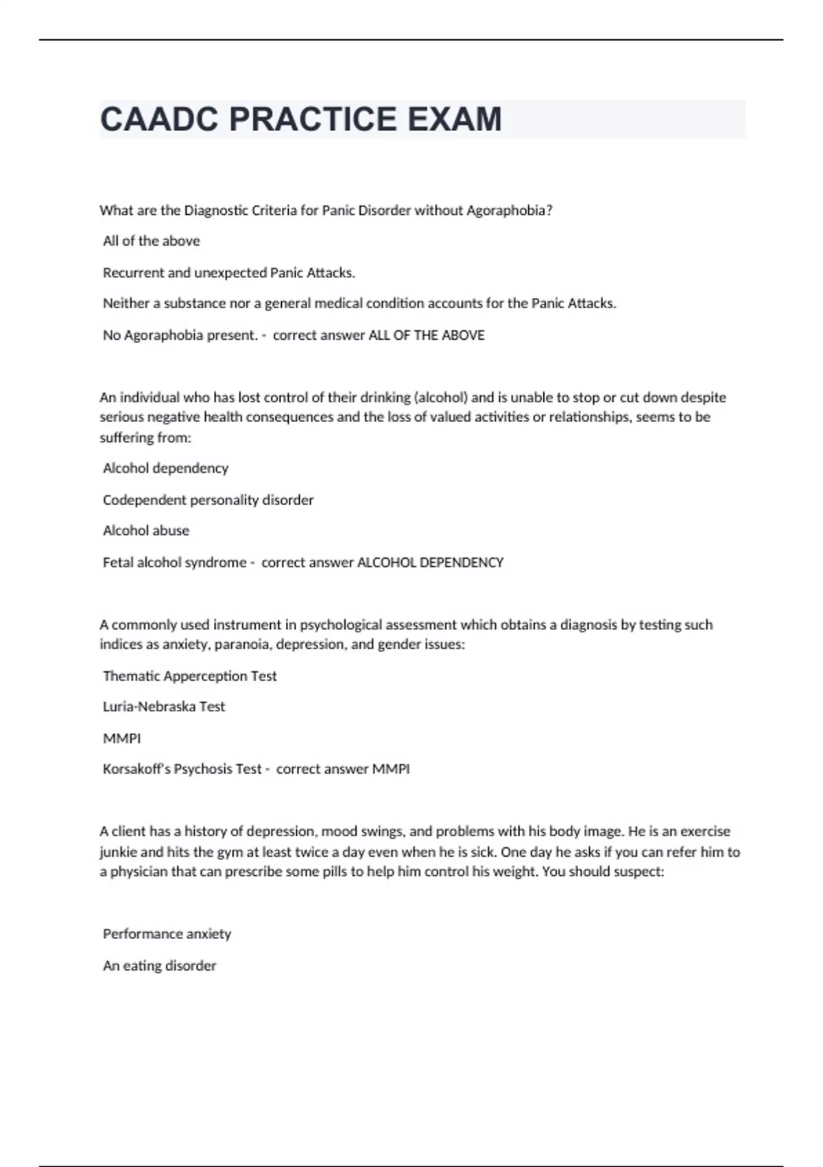 CAADC PRACTICE EXAM questions with correct answers - CAADC - Stuvia US