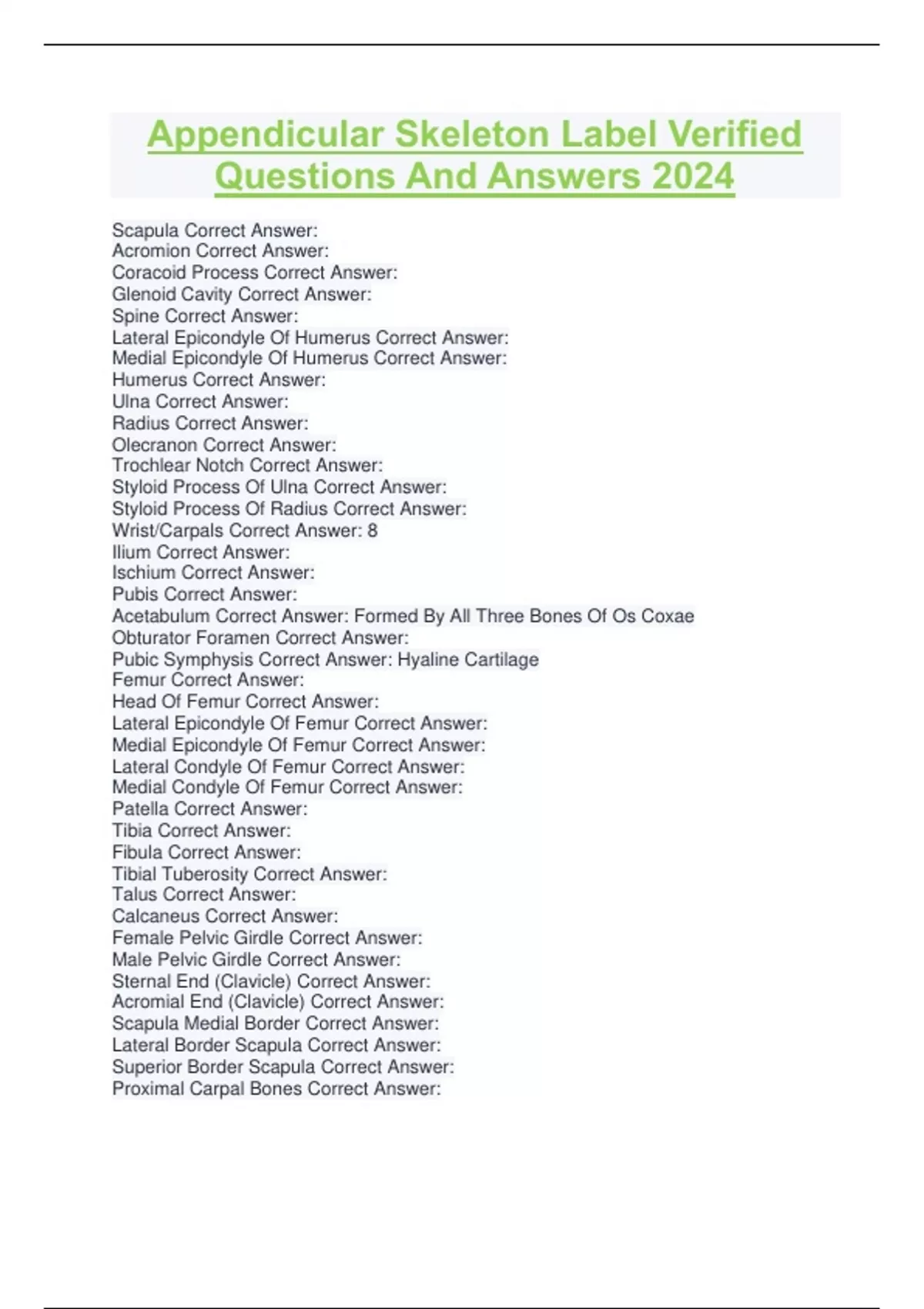 Appendicular Skeleton Label Verified Questions And Answers 2024 ...