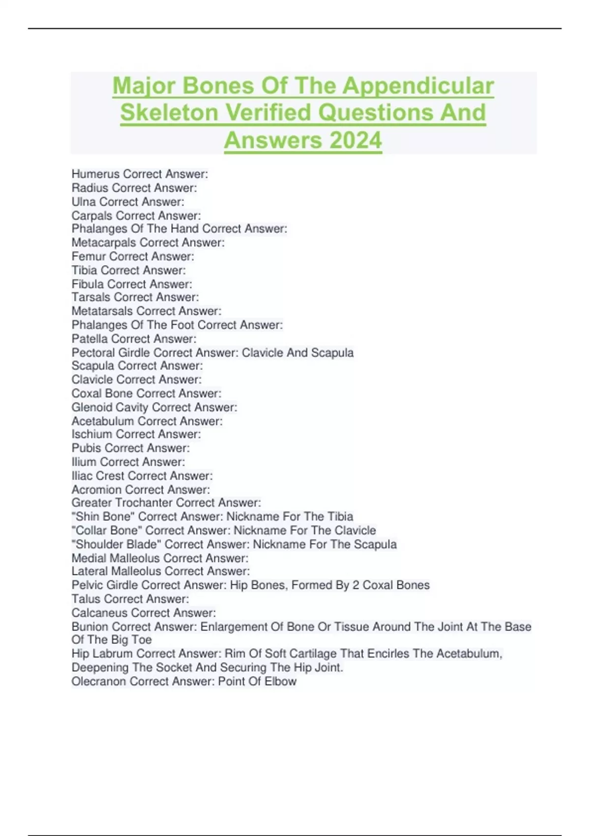 Major Bones Of The Appendicular Skeleton Verified Questions And Answers ...