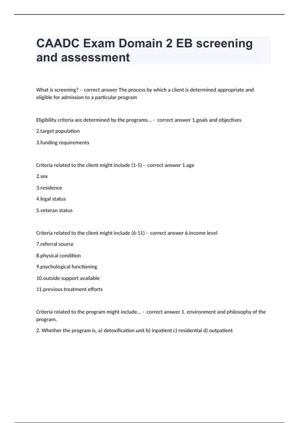 CAADC Exam Domain 2 EB screening and assessment - CAADC - Stuvia US
