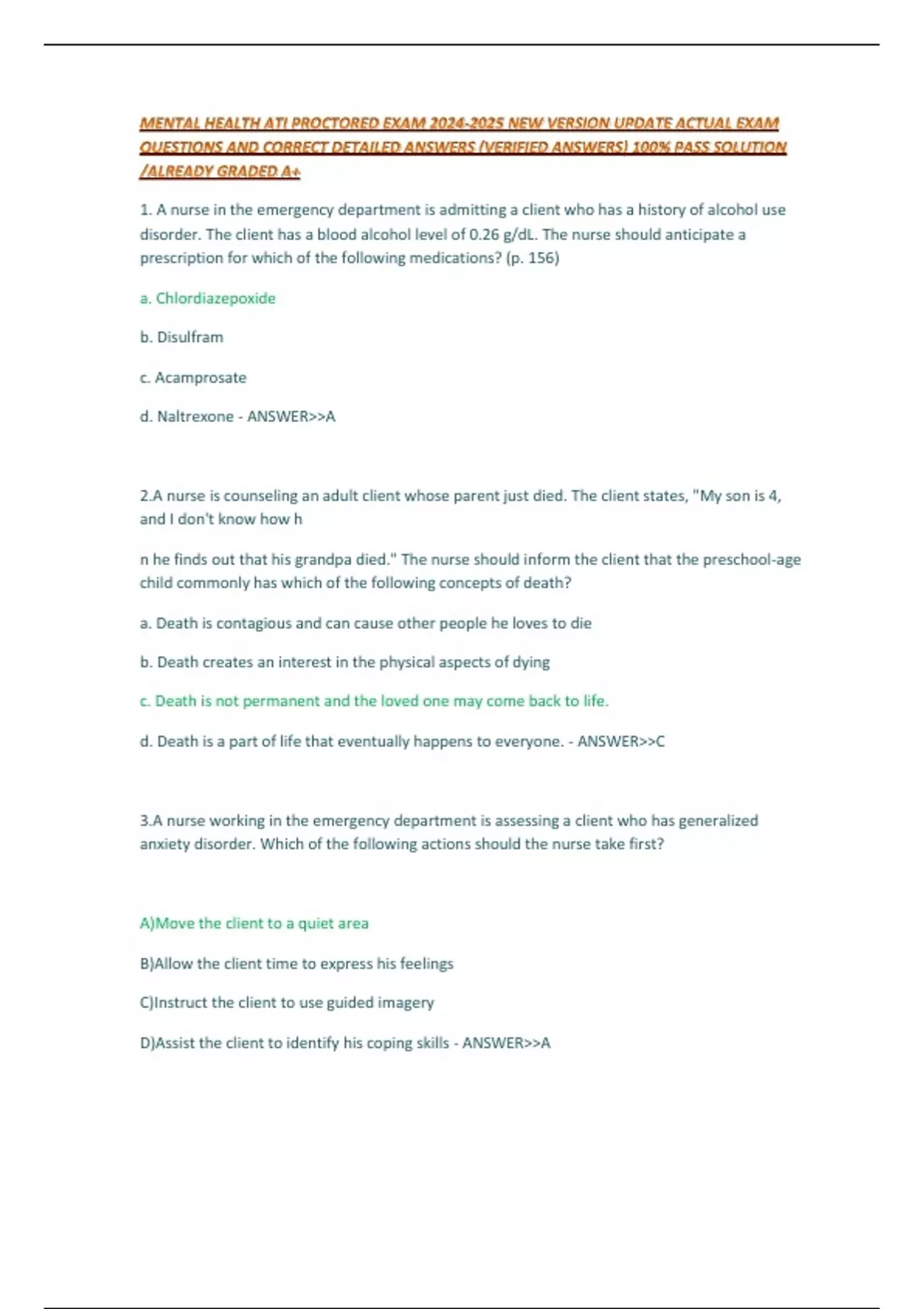 MENTAL HEALTH ATI PROCTORED EXAM NEW VERSION UPDATE ACTUAL EXAM ...