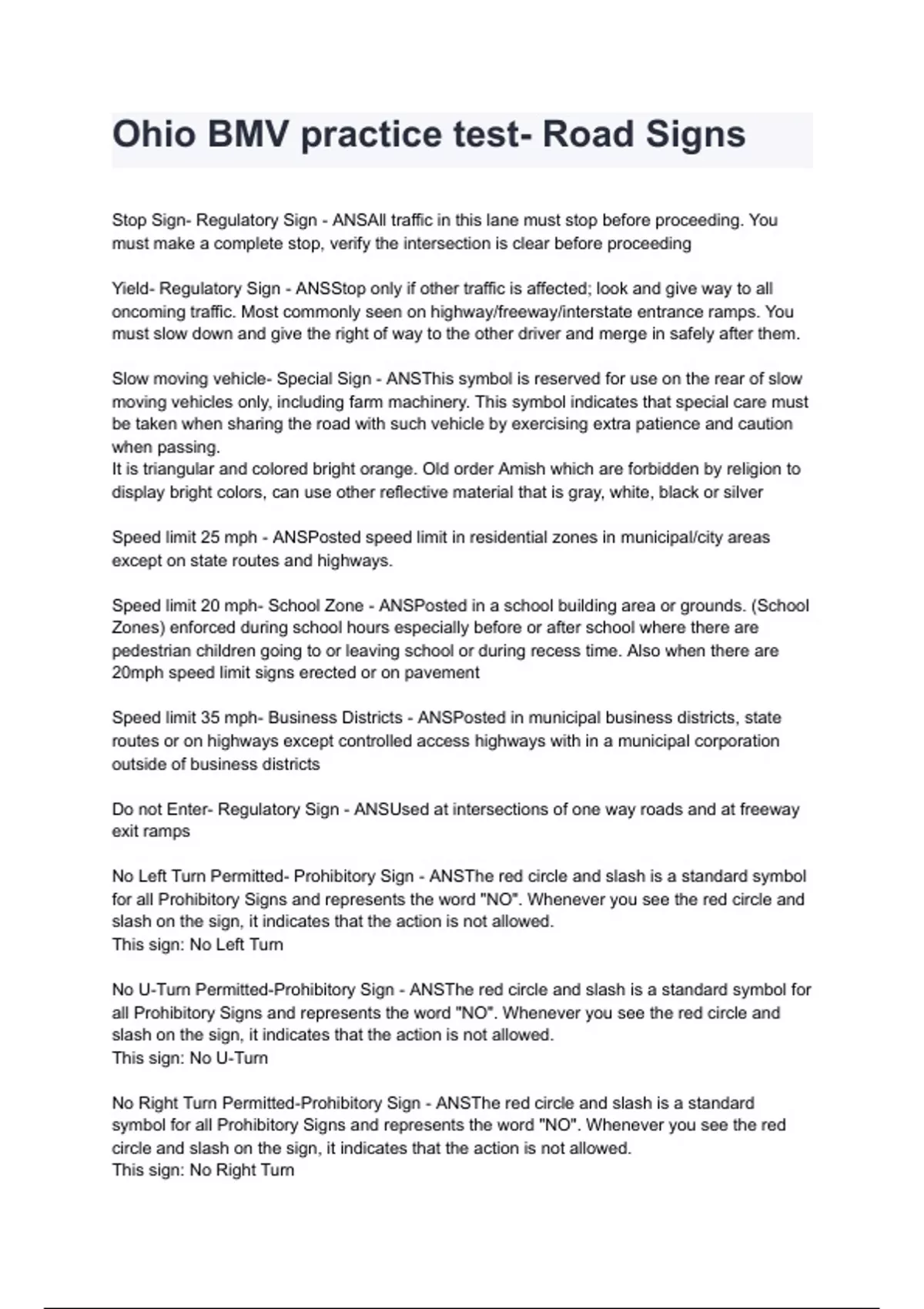 Ohio BMV practice test- Road Signs 2024/2025 graded A+ - ATSSA - Stuvia US