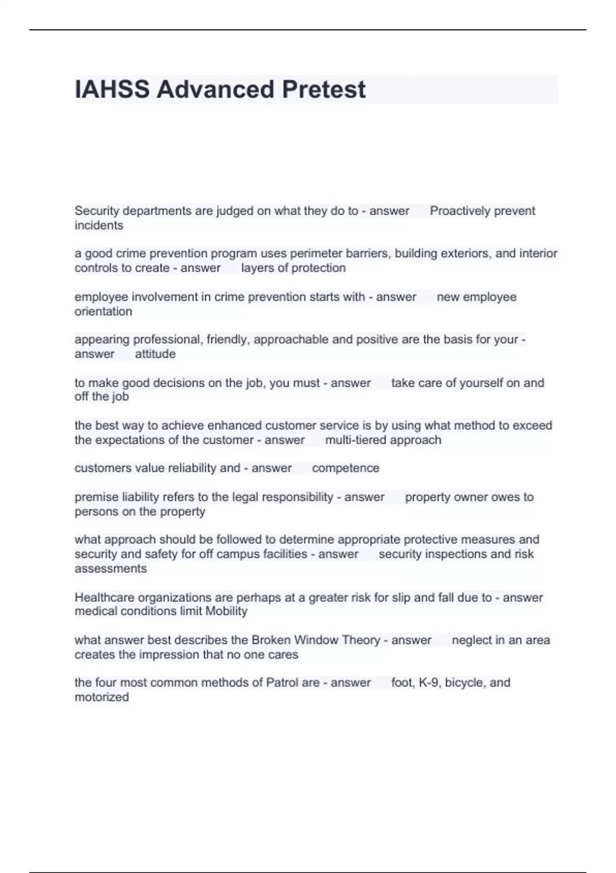 IAHSS Advanced Pretest Questions with correct Answers - Iahss - Stuvia US