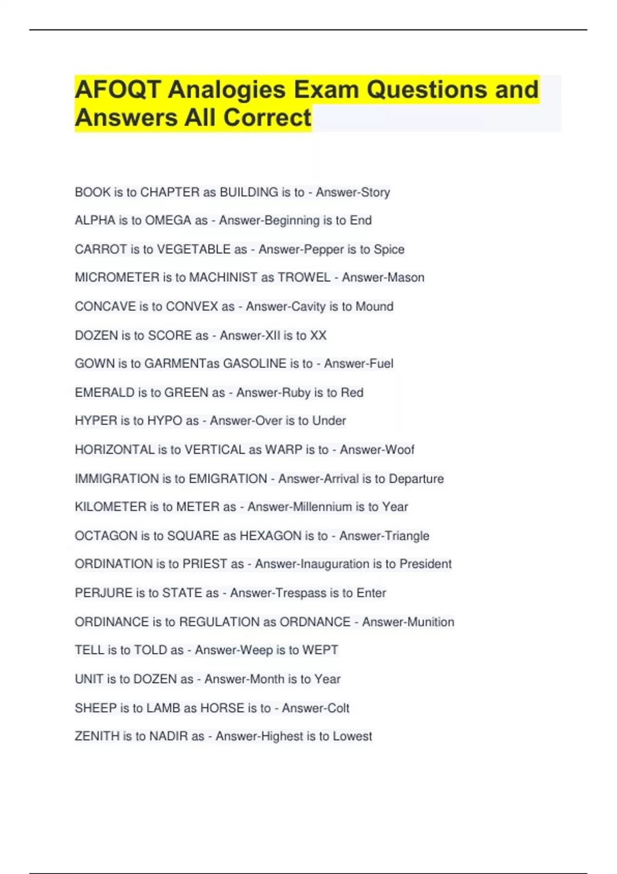 AFOQT Analogies Exam Questions and Answers All Correct - AFOQT ...