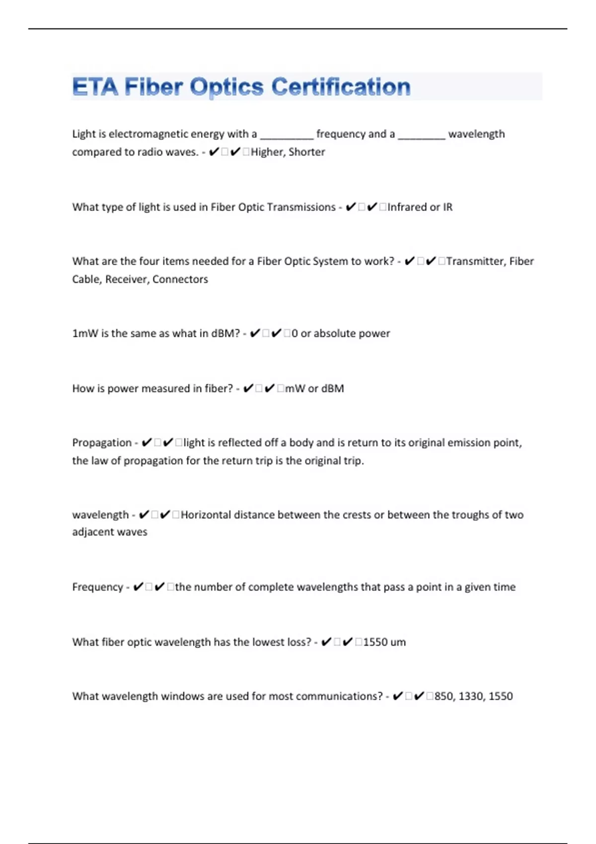 ETA Fiber Optics 98 Certification Questions with 100% Correct Answers ...