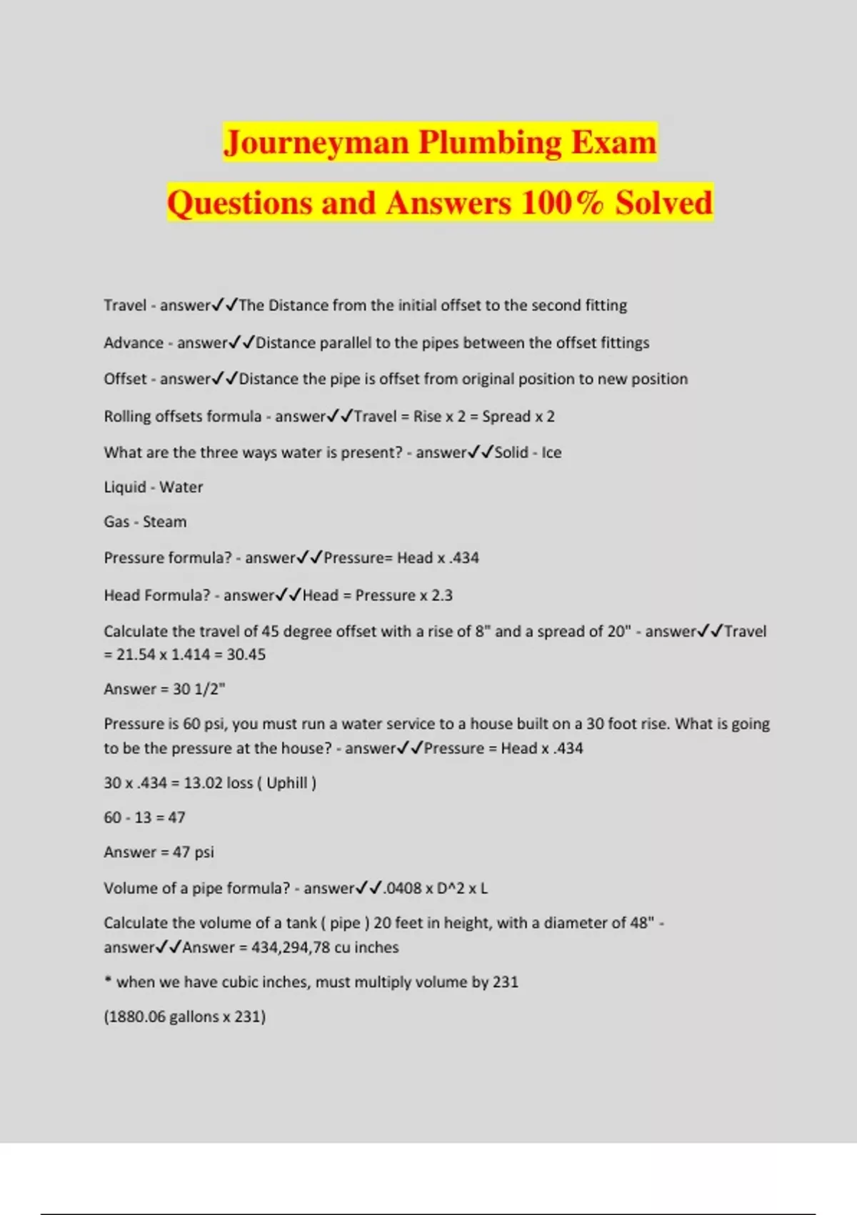 Journeyman Plumbing Exam Questions and Answers 100% Solved - Plumbing ...