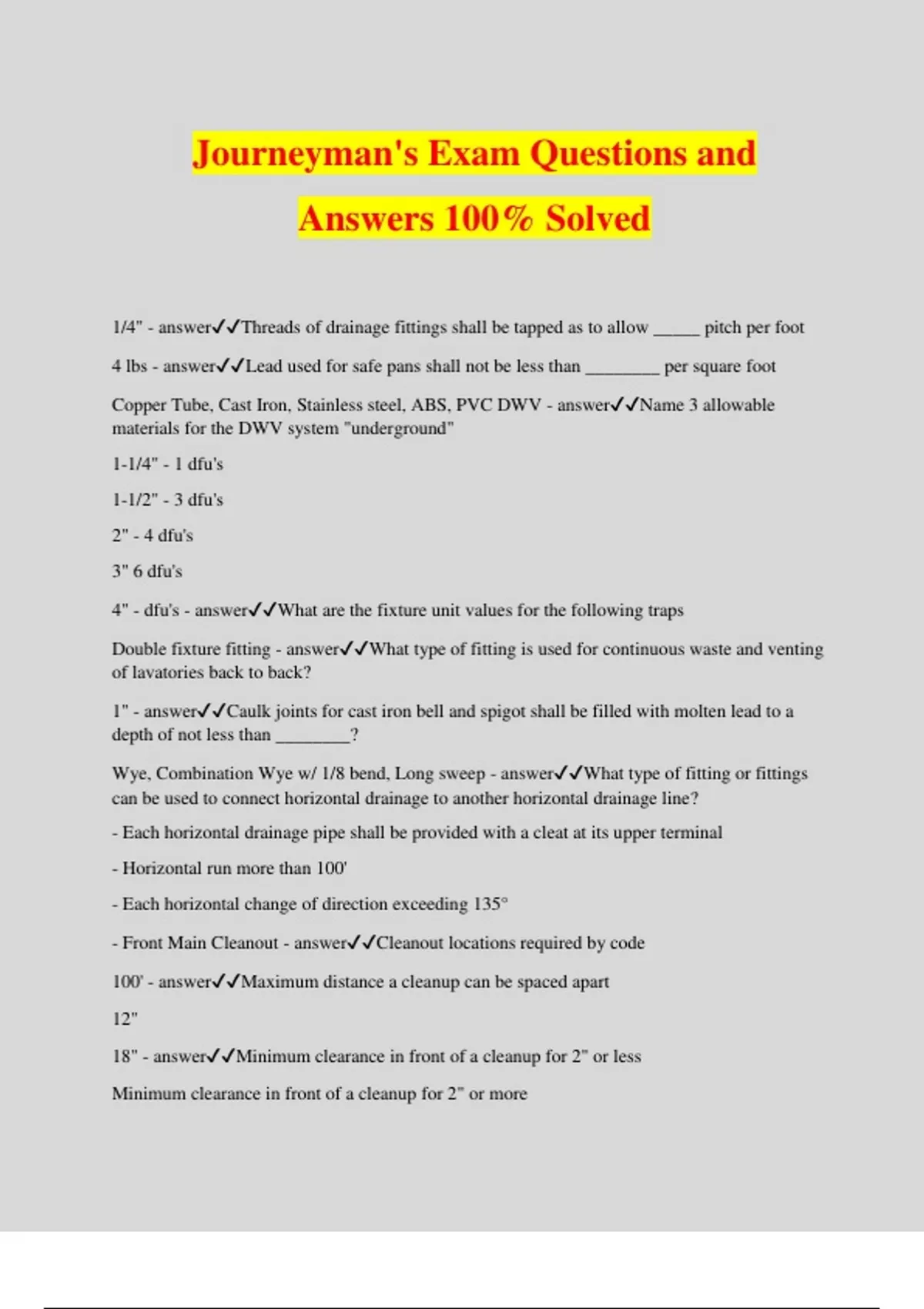 Journeymans Exam Questions And Answers 100 Solved Plumbing Stuvia Us