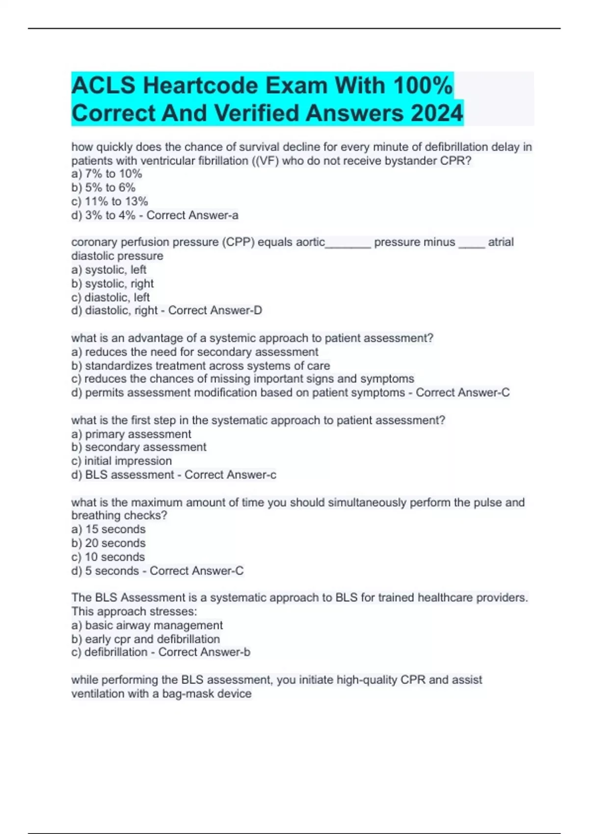 ACLS Heartcode Exam With 100% Correct And Verified Answers 2025 - ACLS Heartcode - Stuvia US