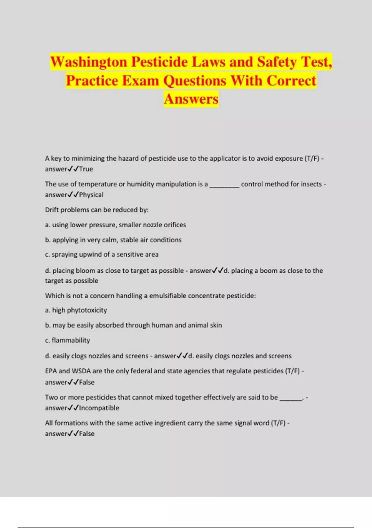 Washington Pesticide Laws and Safety Test, Practice Exam Questions With ...