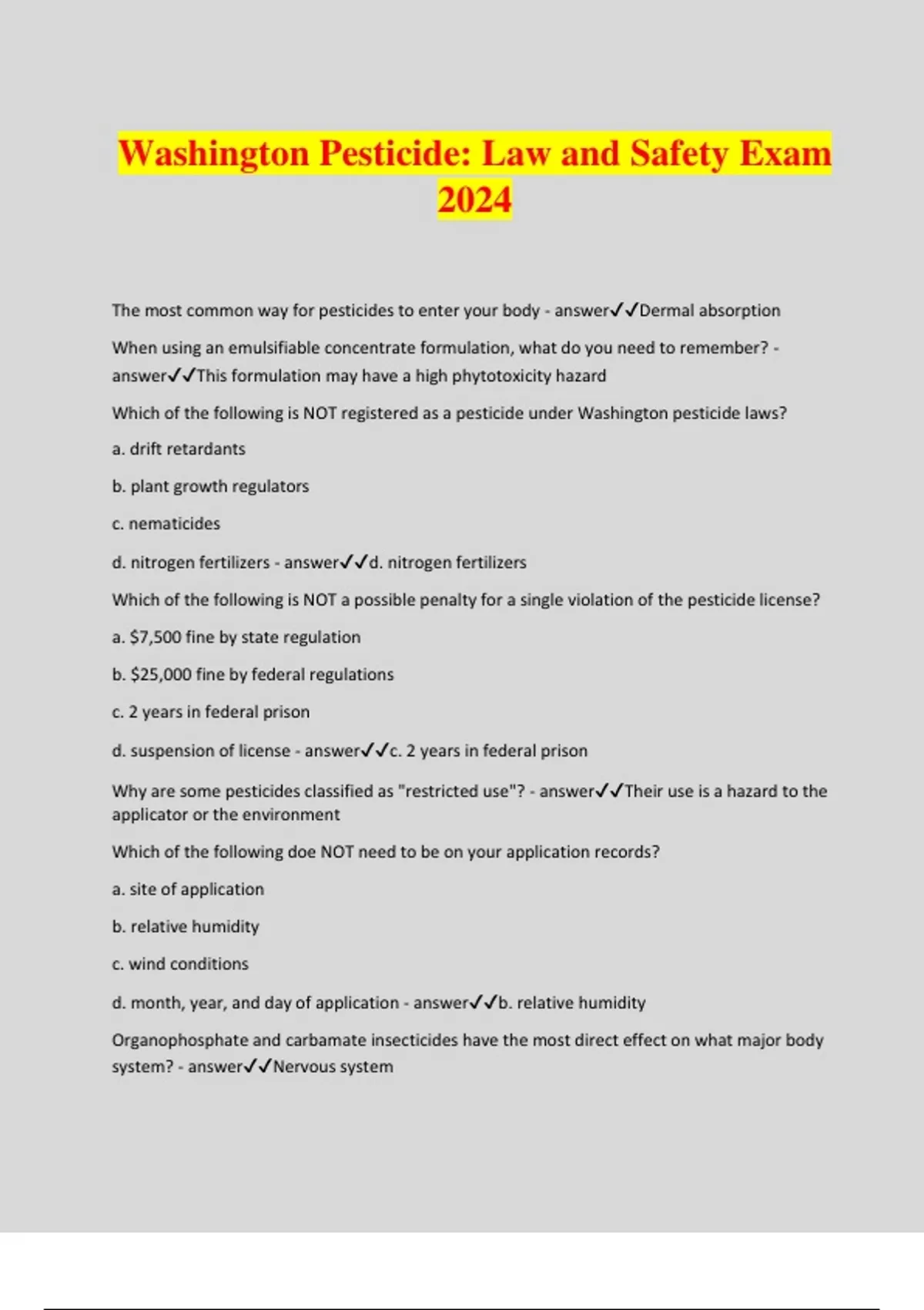 Washington Pesticide: Law and Safety Exam 2024 - Washington Pesticide Laws and Safety - Stuvia US