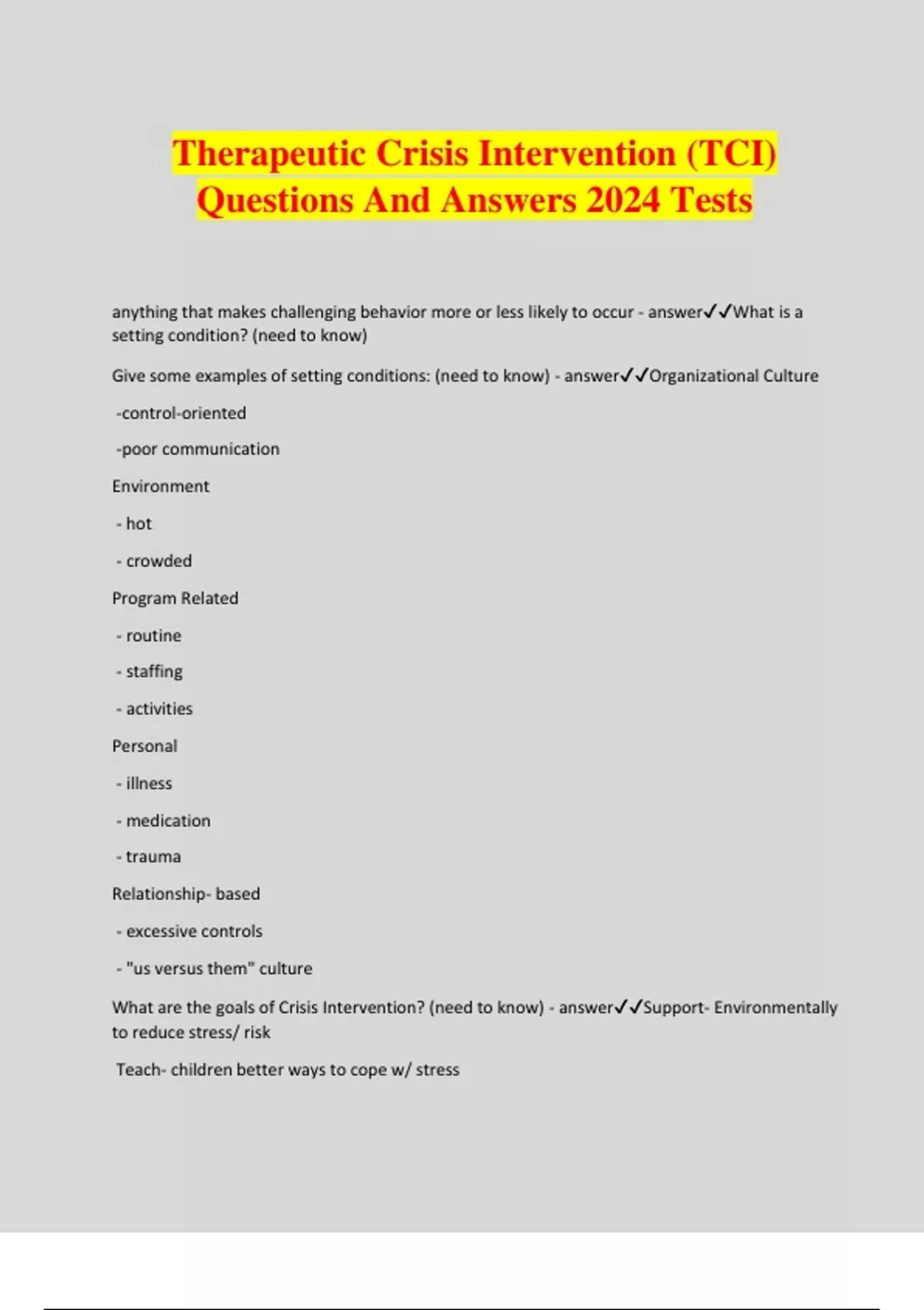 Therapeutic Crisis Intervention Bundled Exams 2024 with complete ...