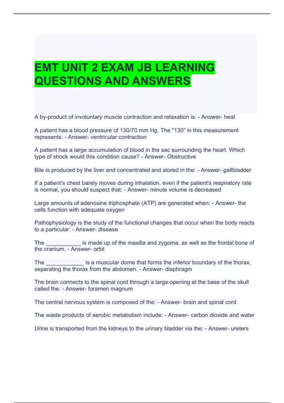 EMT UNIT 2 EXAM JB LEARNING QUESTIONS AND ANSWERS - EMT JB Learning - Stuvia US