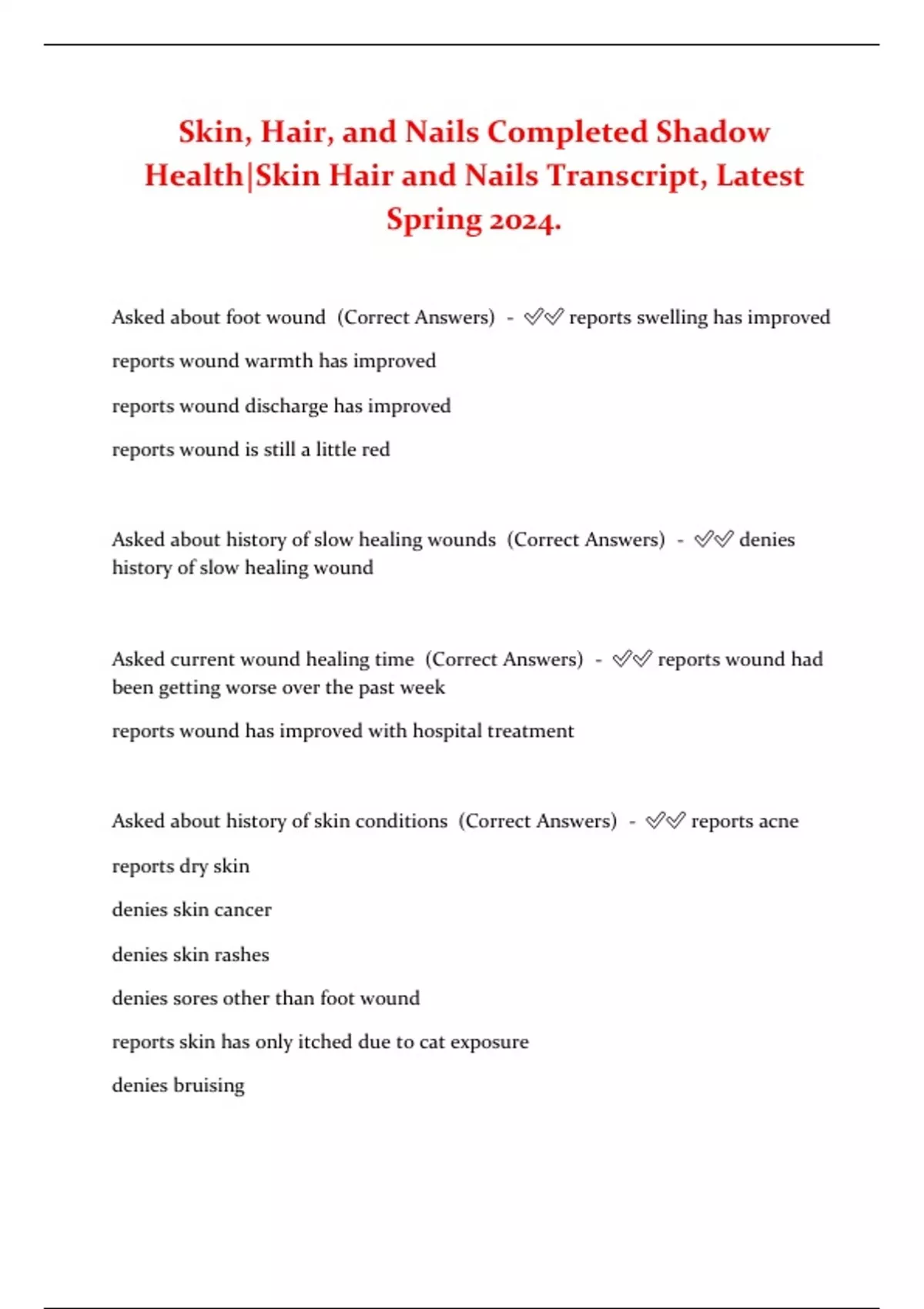 Skin, Hair, and Nails Completed Shadow Health|Skin Hair and Nails ...