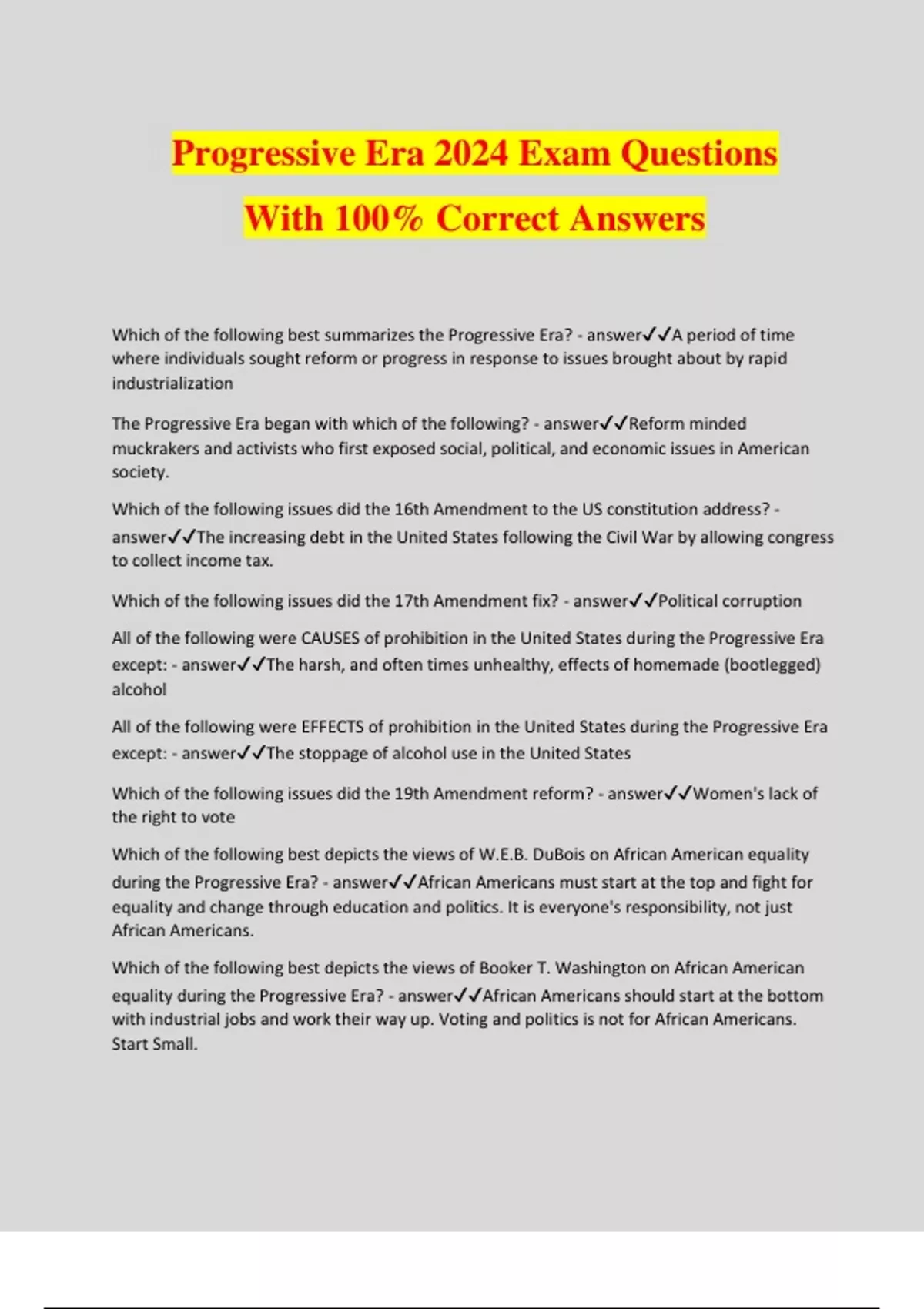 Progressive Era 2024 Exam Questions With 100% Correct Answers ...
