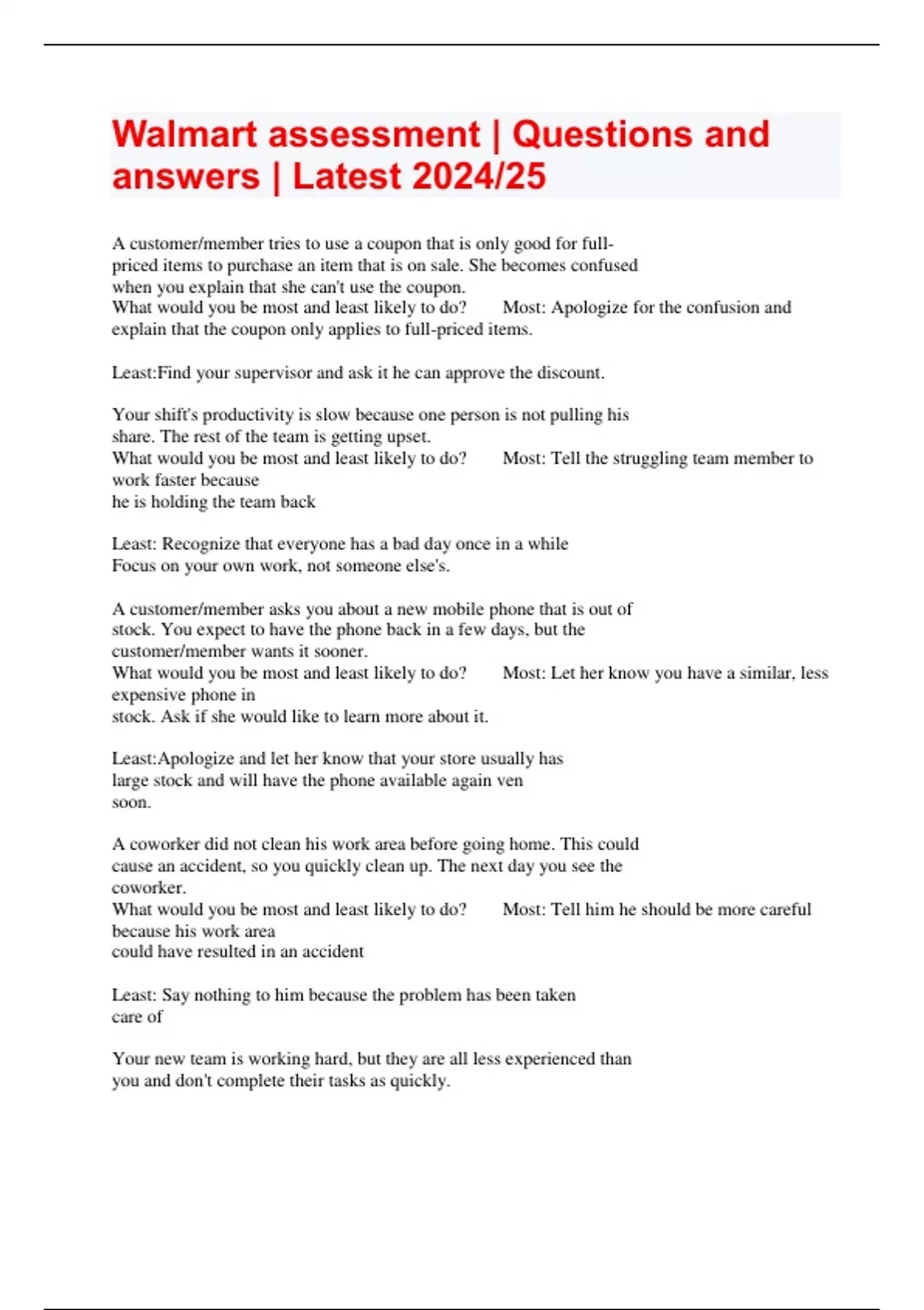 Walmart assessment | Questions and answers | Latest 2024/25 - Walmart ...