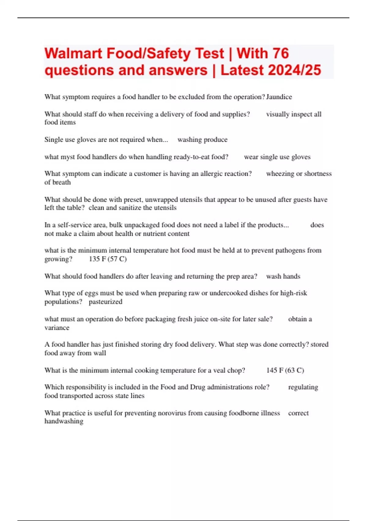 Walmart Food/Safety Test | With 76 questions and answers | Latest 2024/ ...