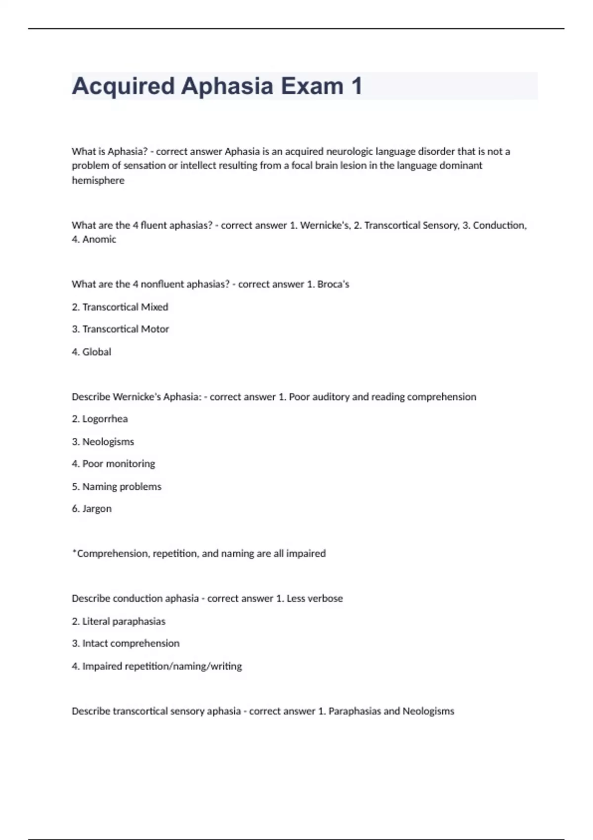 Acquired Aphasia Exam 1 Question and answers rated A+ 2024 - DCOM ...