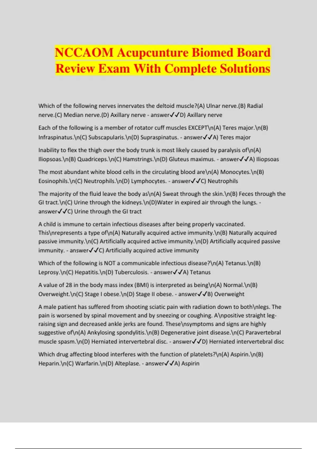 NCCAOM Acupcunture Biomed Board Review Exam With Complete Solutions ...