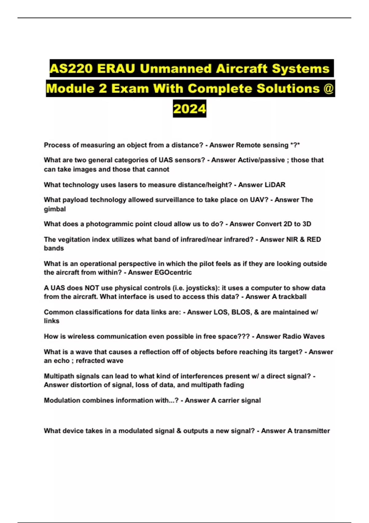 AS220 ERAU Unmanned Aircraft Systems Module 2 Exam With Complete ...