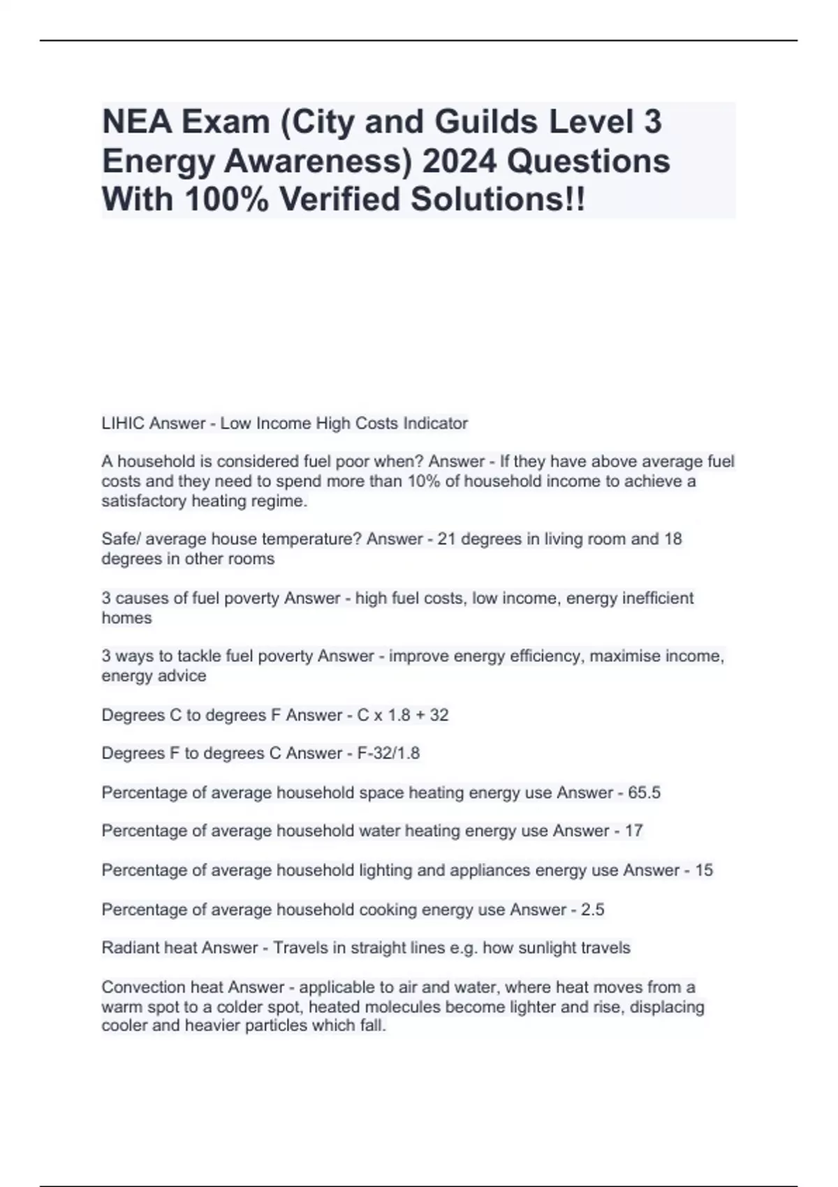 NEA EXAM (CITY AND GUILDS LEVEL 3 ENERGY AWARENESS) 2024 QUESTIONS WITH ...