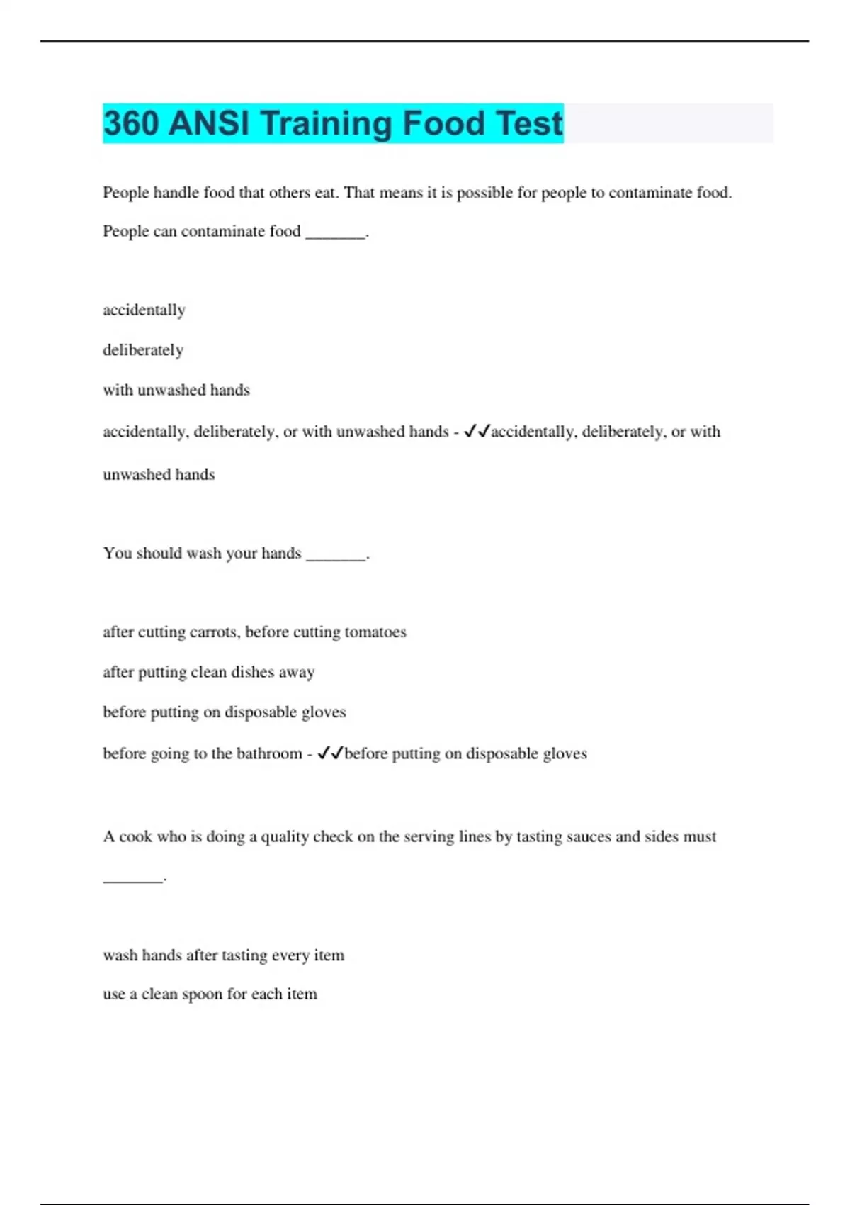 360 ANSI Training Food Test - 360 ANSI Training Food - Stuvia US