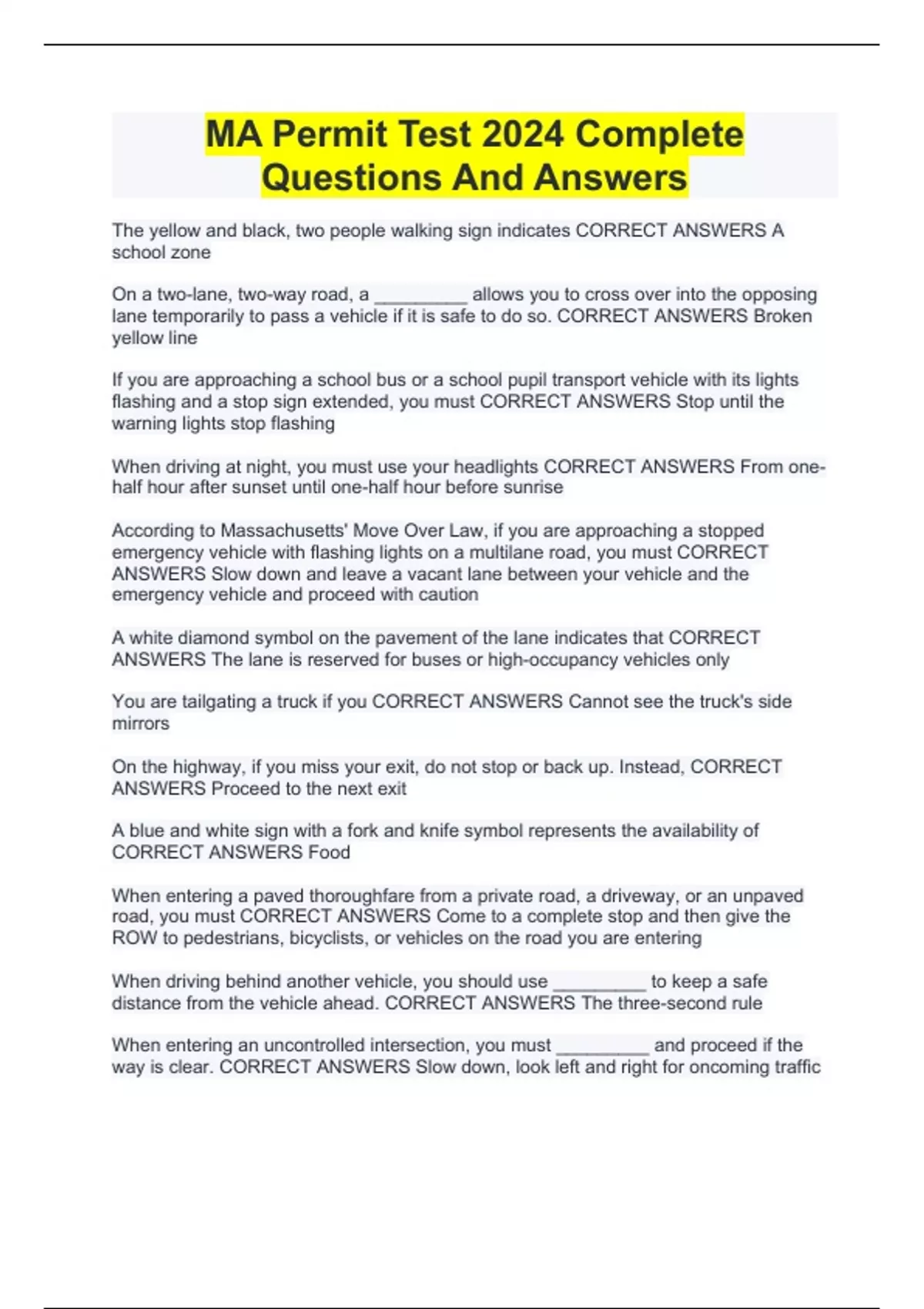 MA Permit Test 2024 Complete Questions And Answers - MA RMV Permit ...